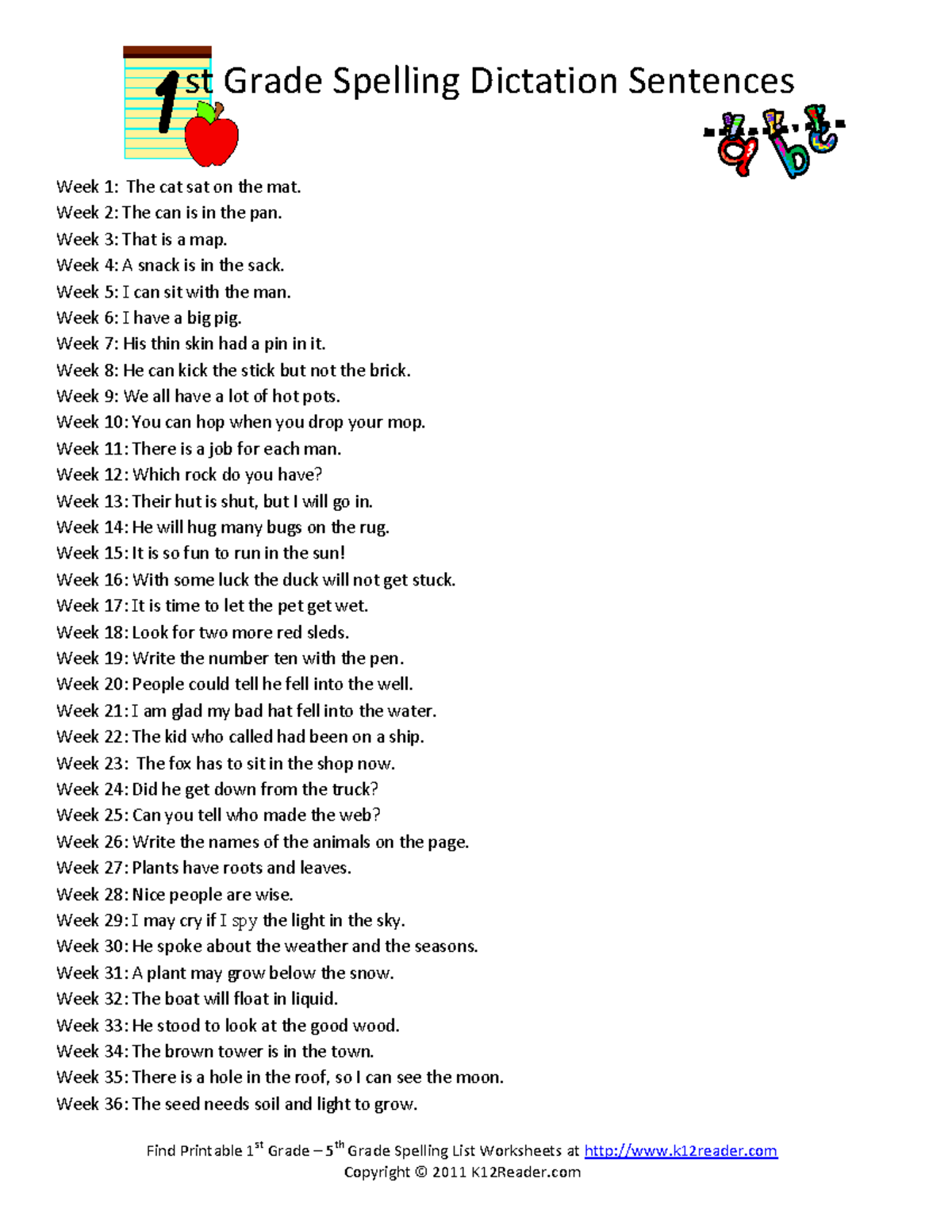 First Grade Spelling Dictation - Week 1: The cat sat on the mat. Week 2 ...