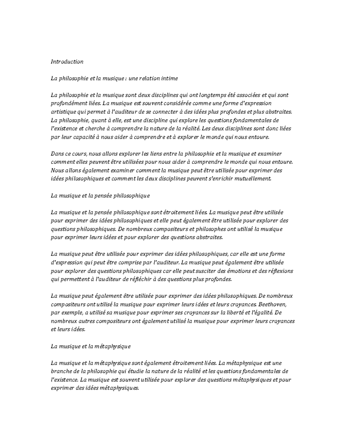 Philosophy and Music note study - Introduction La philosophie et la ...