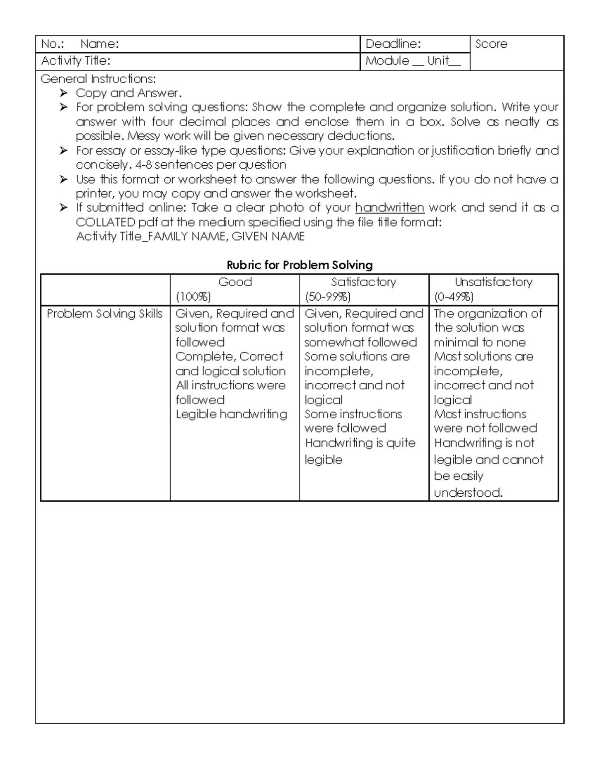 Formatted Activity Paper - No.: Name: Deadline: Score Activity Title ...