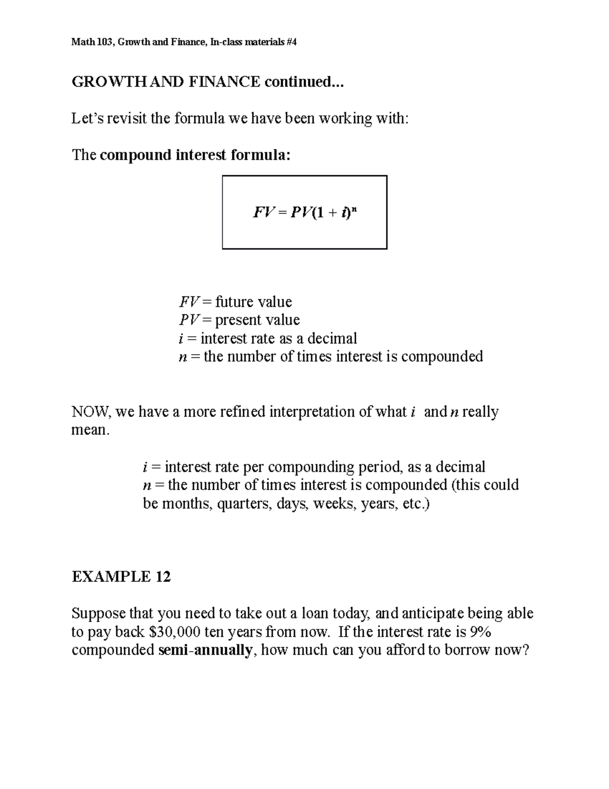 Growth and Finance Notes - Math 103, Growth and Finance, In-class ...