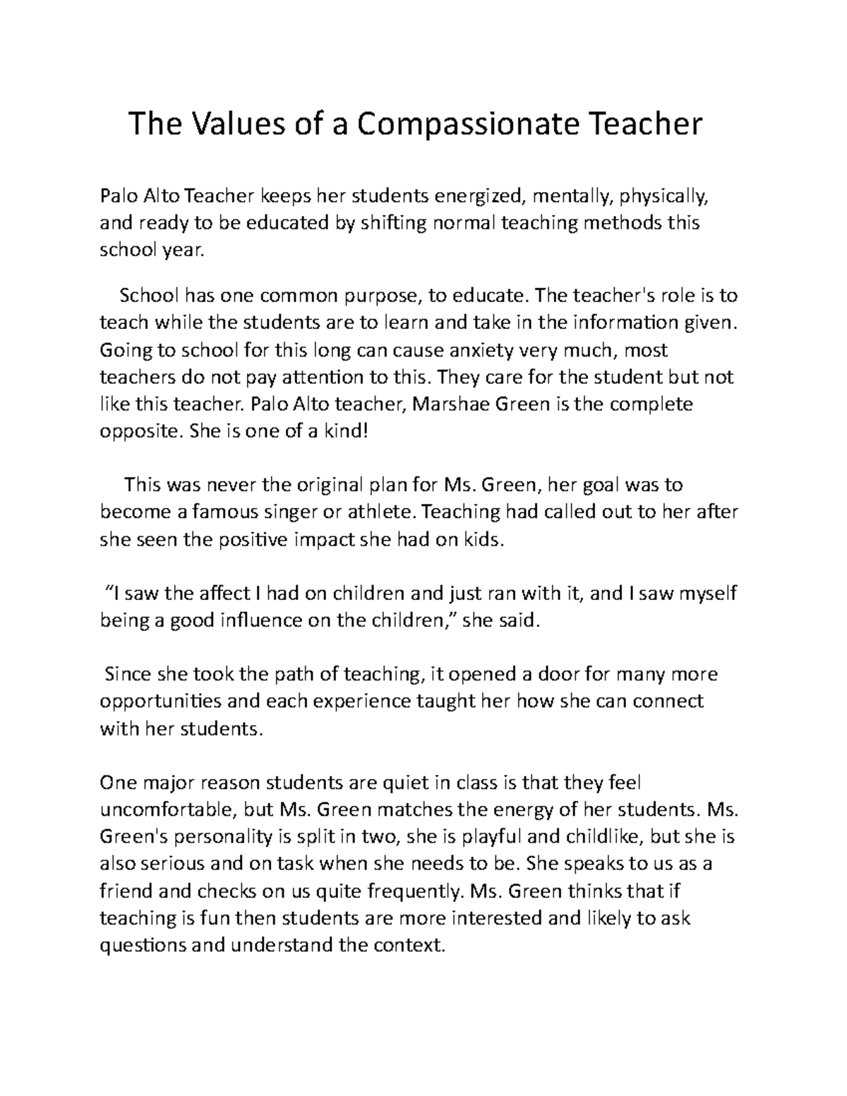 News story - The Values of a Compassionate Teacher Palo Alto Teacher ...