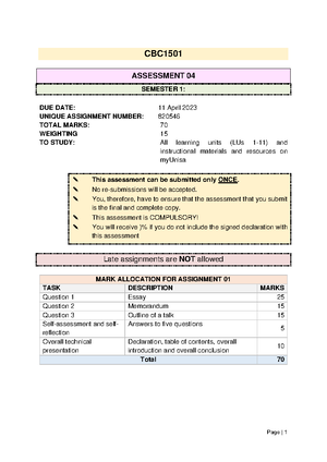 CBC 1501 Assessment 07 - FORMAL LETTER AND MEMO - UNISA 10/25/ CBC ...