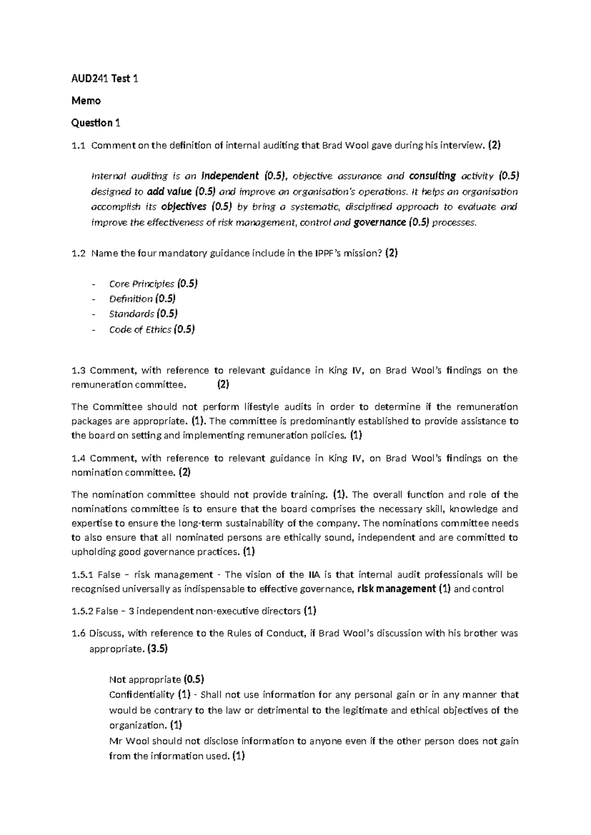 Test 1 memo 1 - exam memo - AUD241 Test 1 Memo Question 1 1 Comment on ...