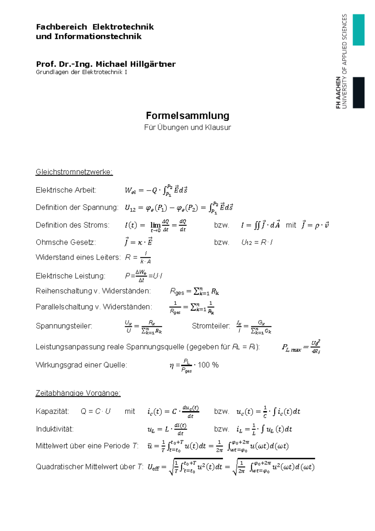 2016 10 12 Formelsammlung - Fachbereich Elektrotechnik und ...