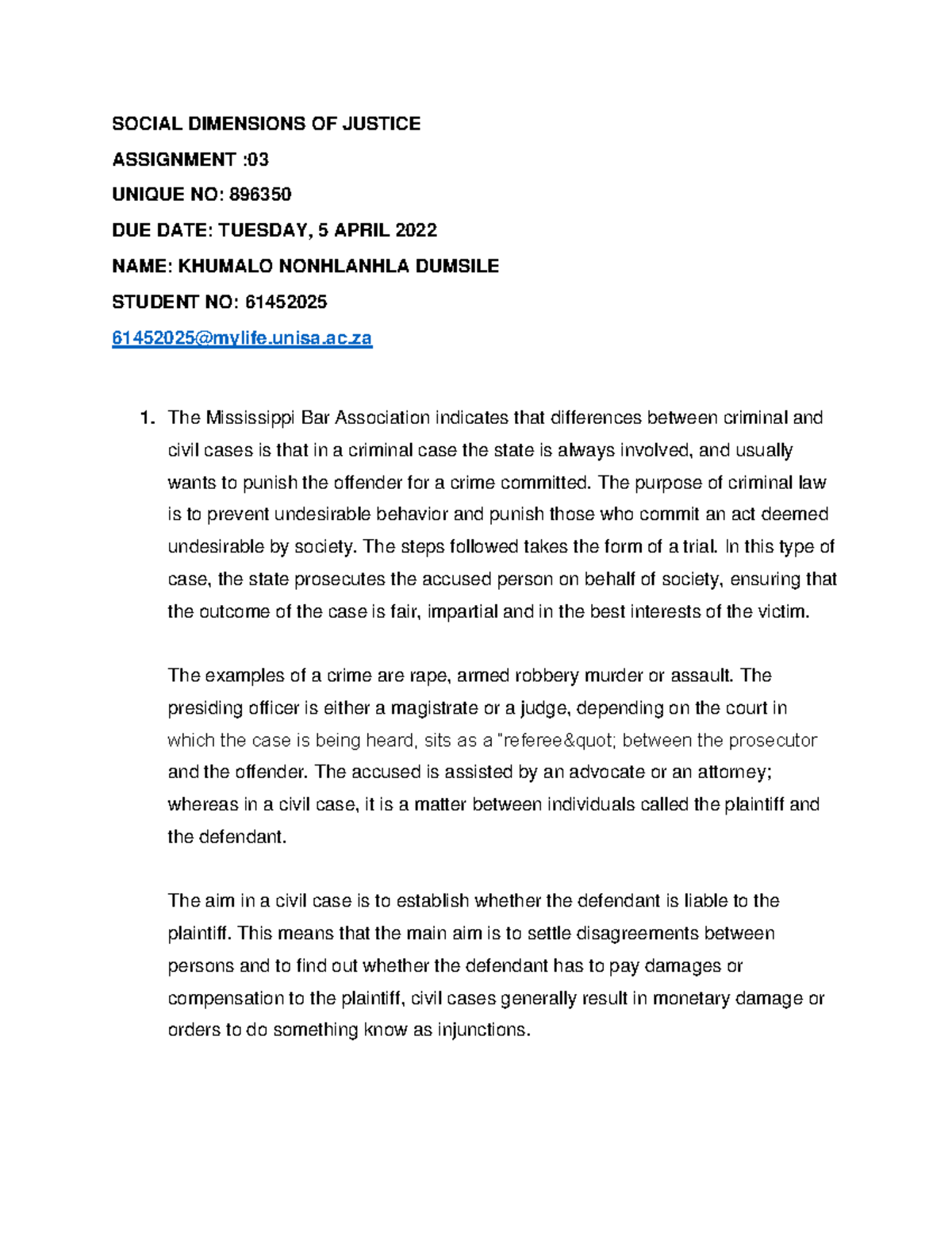 SJD 1501 assignment for - SOCIAL DIMENSIONS OF JUSTICE ASSIGNMENT : 03 ...