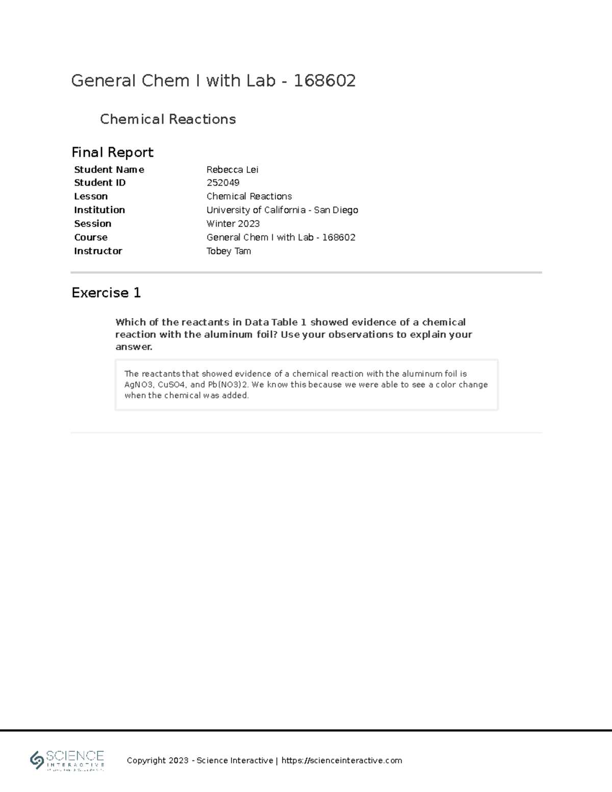 General Chem Iwith Lab 168602 Chemical Reactions 252049 - Student Name ...
