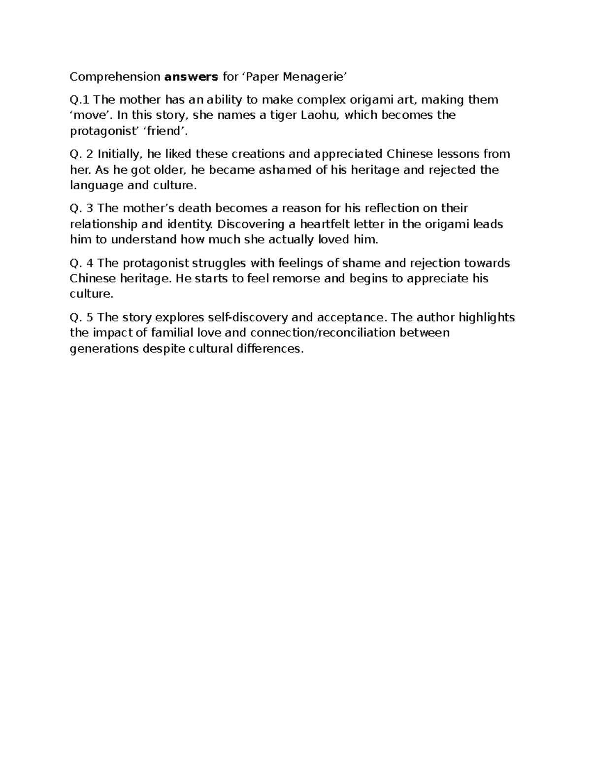 Y9 Paper Menagerie - Notes for the book - Comprehension answers for ...