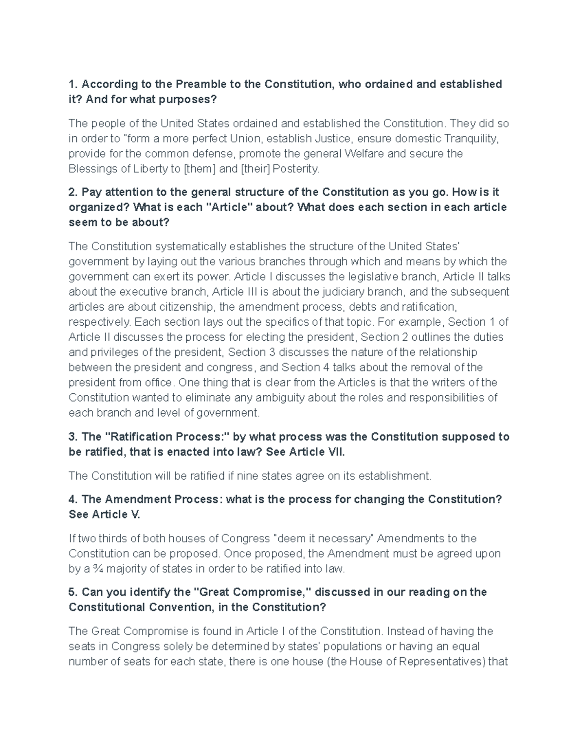 Class Reading 9/7 - 1. According to the Preamble to the Constitution ...