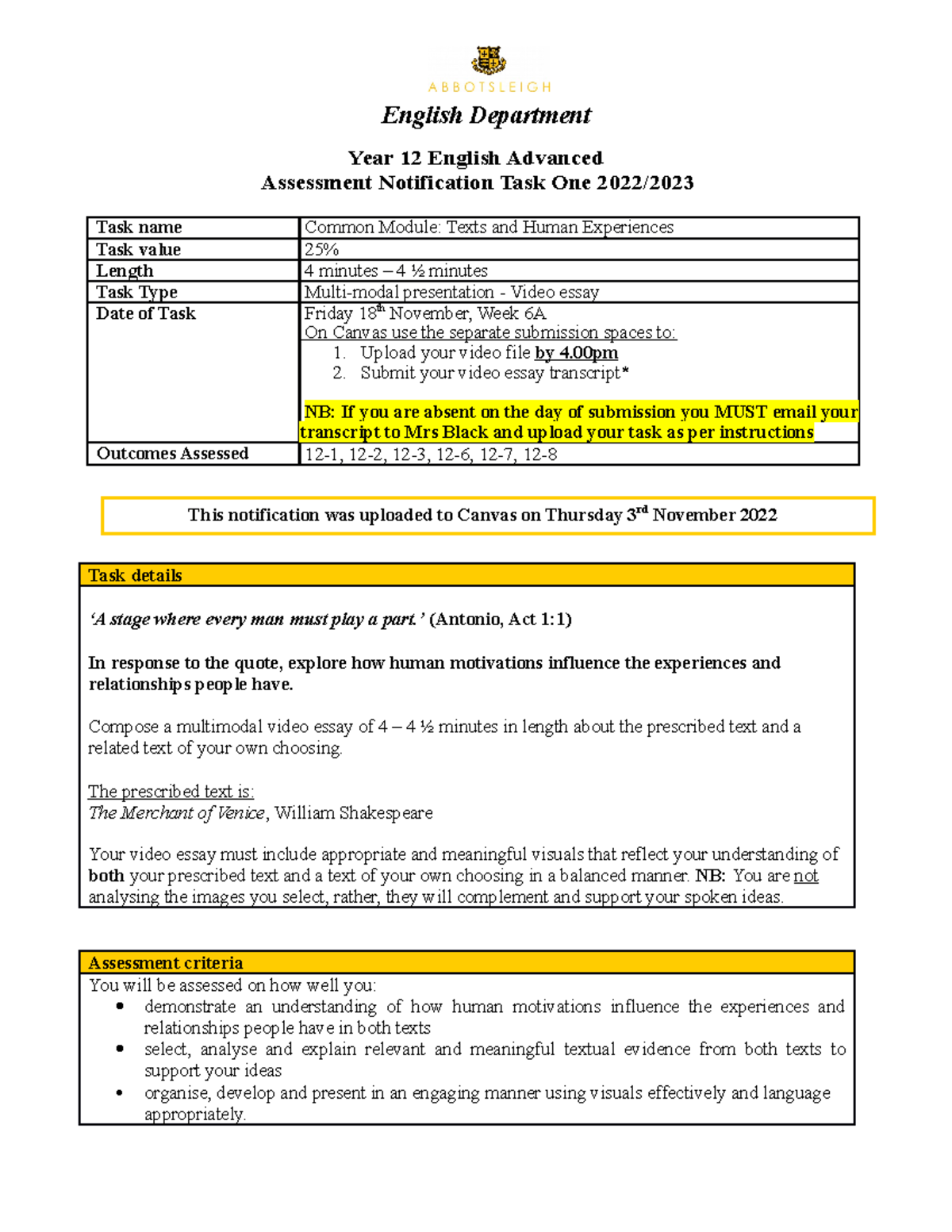 AT1 Year 12 Adv Common Mod 2023 - Year 12 English Advanced Assessment ...