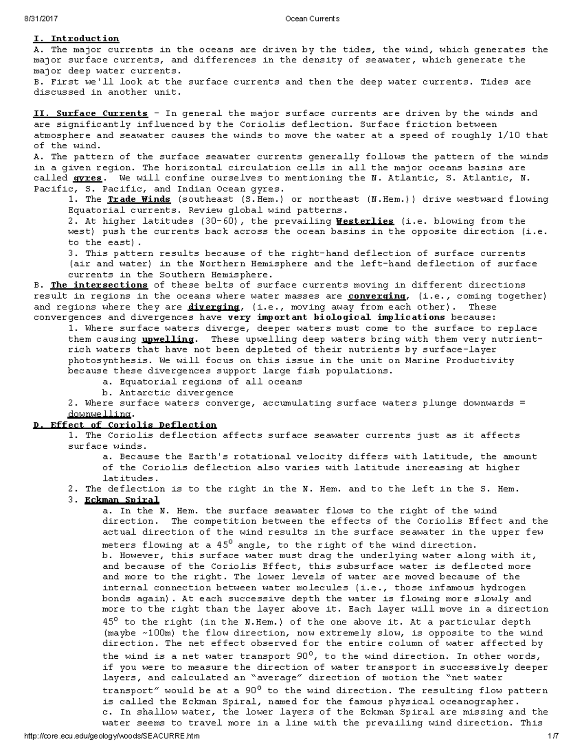 Ocean Currents - Introduction A. The major currents in the oceans are ...