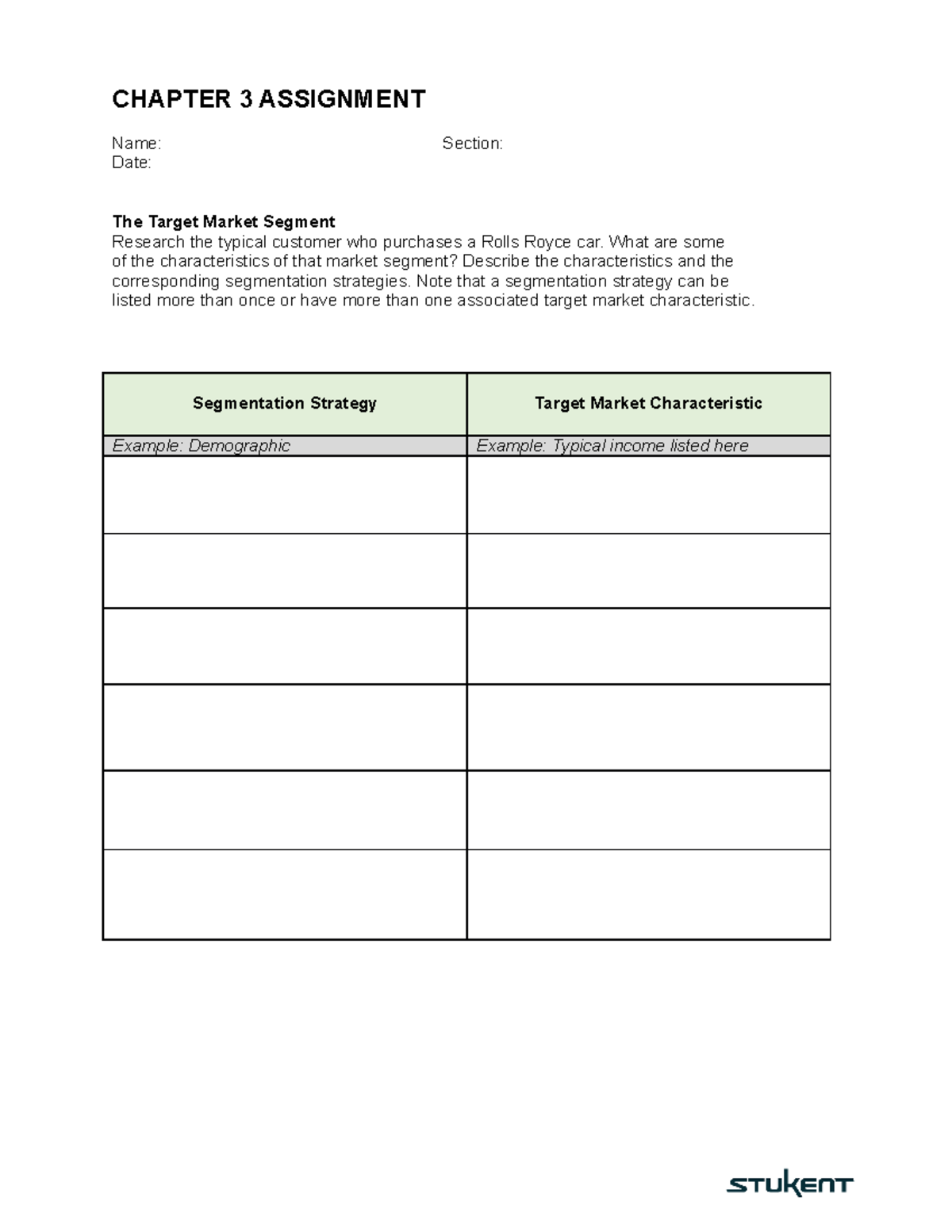 Chapter 3 Assignment - CHAPTER 3 ASSIGNMENT Name: Section: Date: The Target Market Segment ...