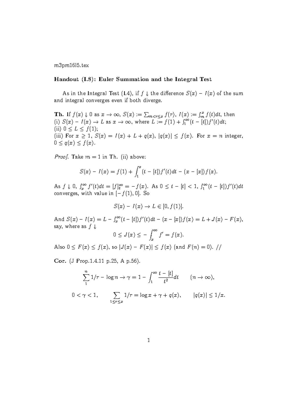 M3pm16eulerint - m3pm16l5 Handout (I): Euler Summation and the Integral ...