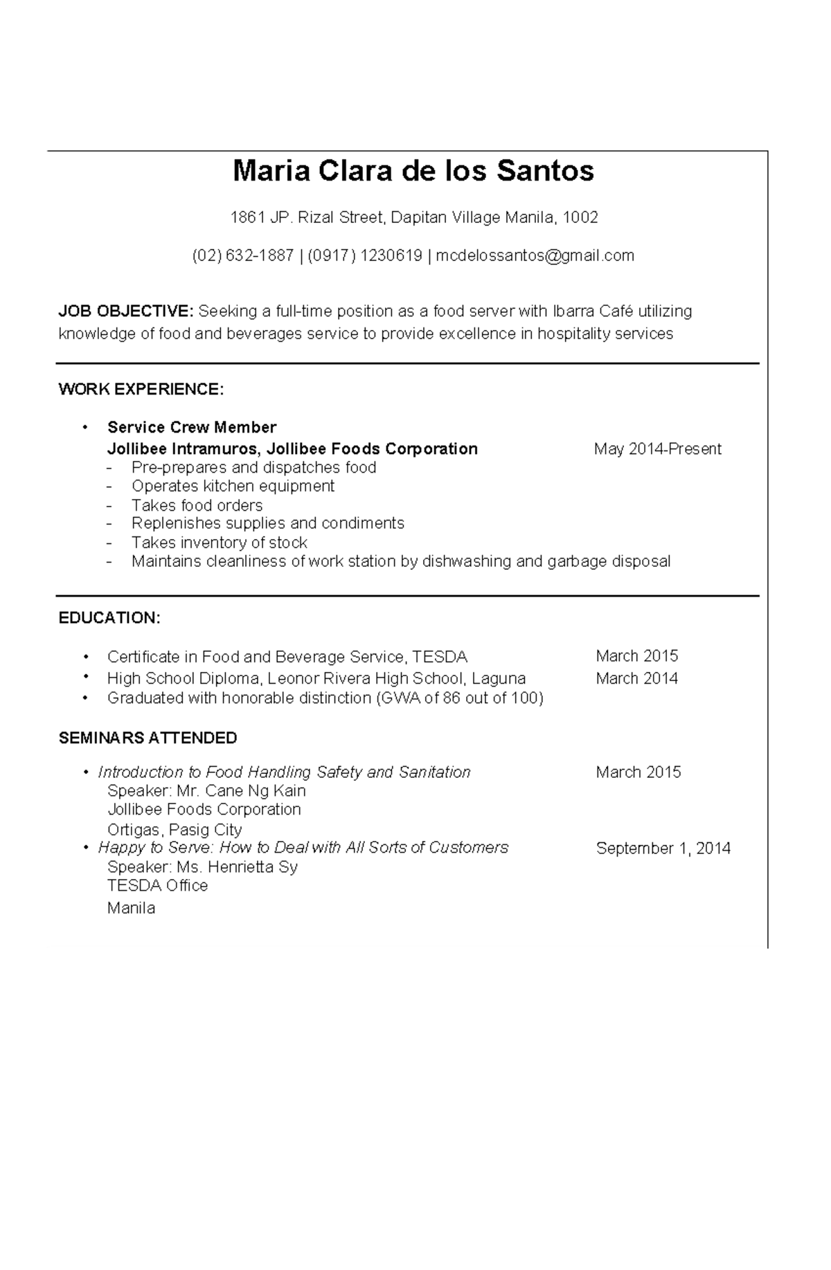 Resume- Template - Maria Clara de los Santos 1861 JP. Rizal Street ...