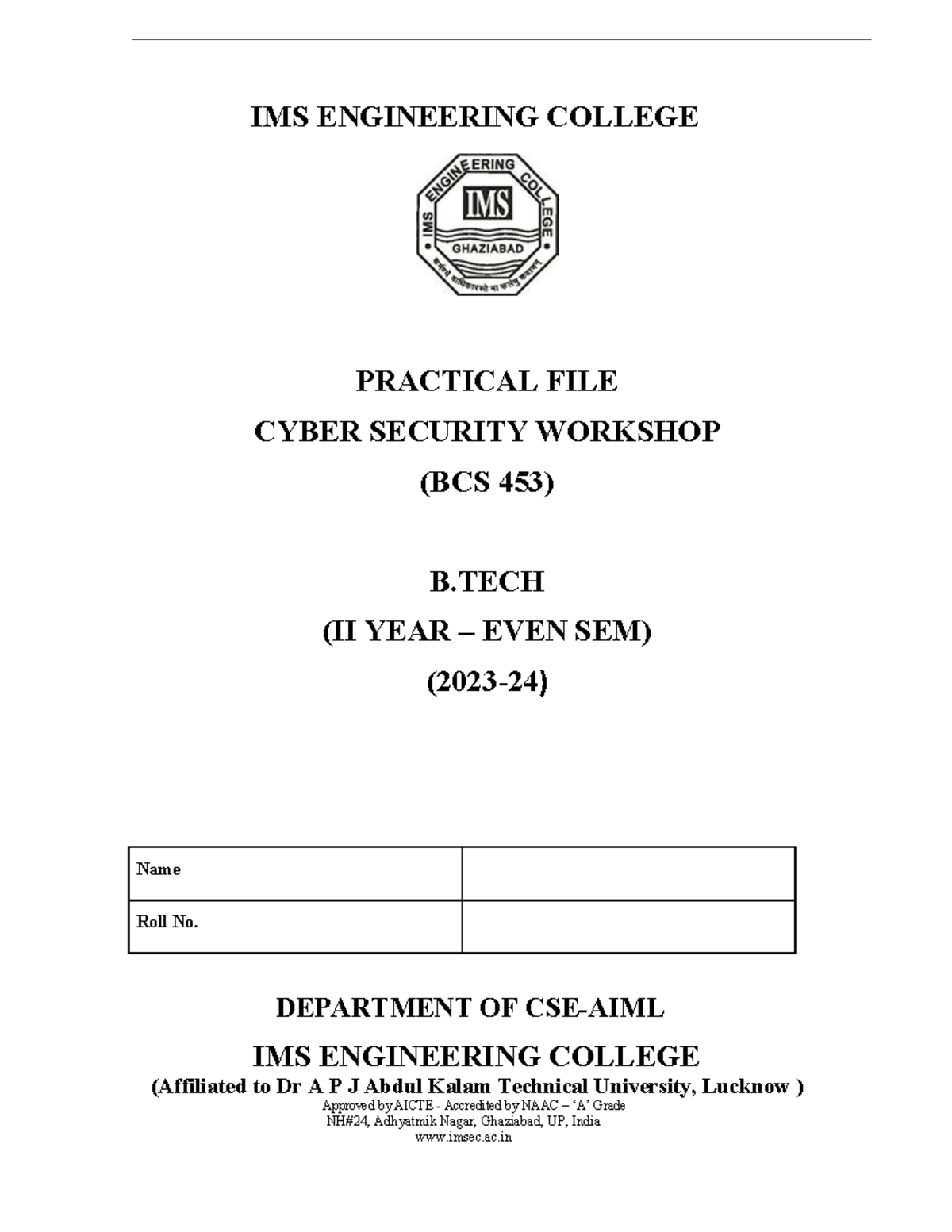 Cybersecurity experiments - IMS ENGINEERING COLLEGE PRACTICAL FILE CYBER SECURITY WORKSHOP (BCS ...