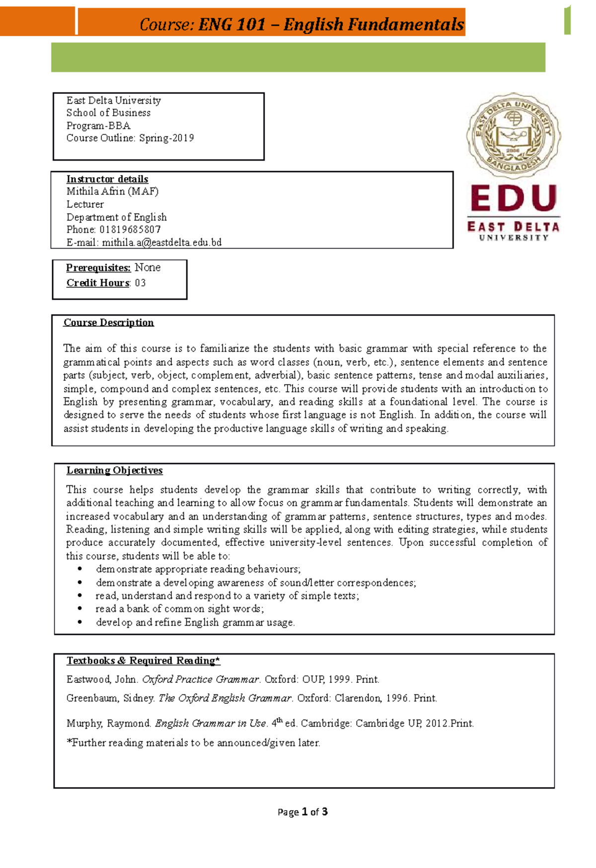 Eng 101 English Fundamentals - East Delta University School of Business ...