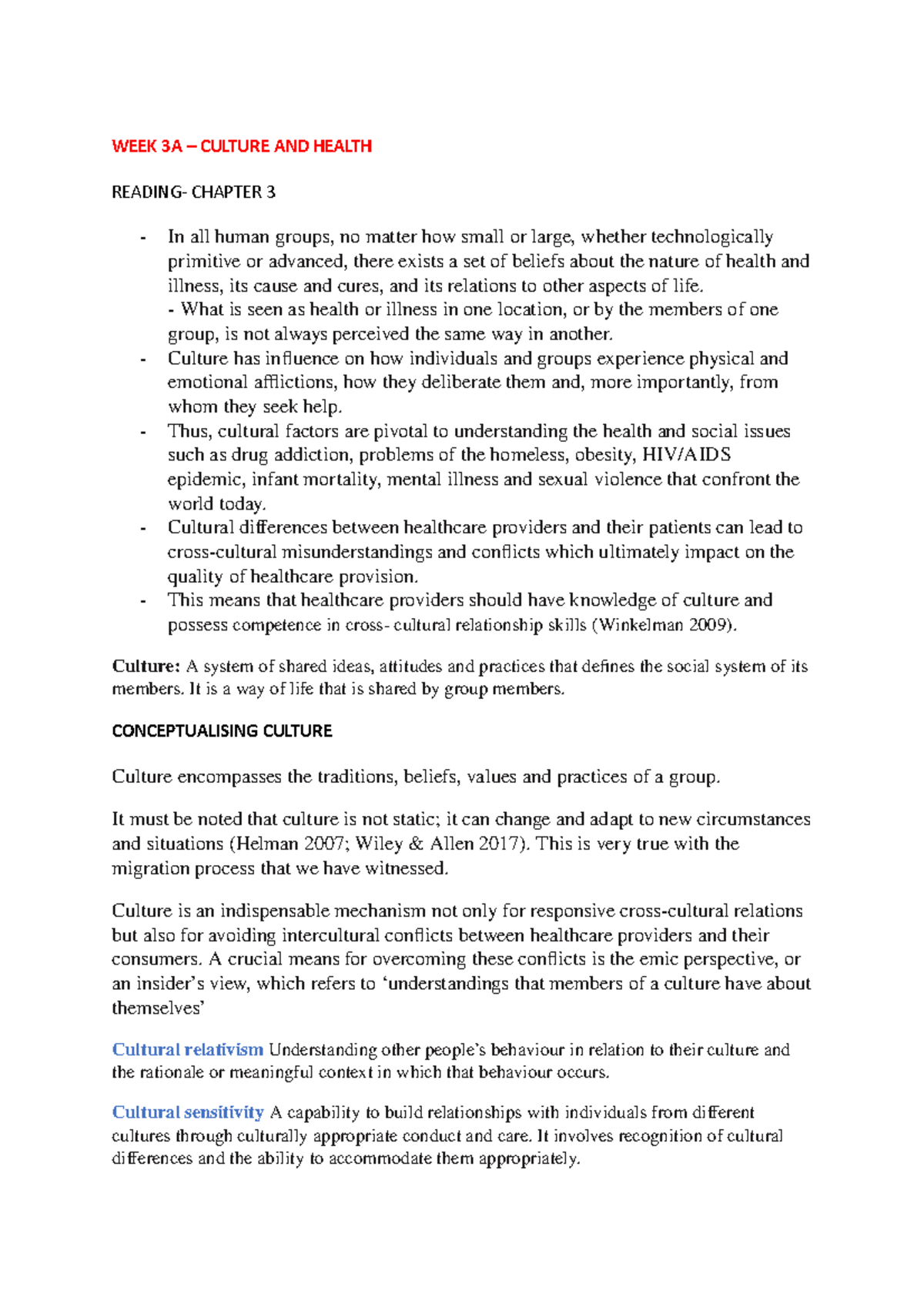 WEEK 3A – Culture AND Health - WEEK 3A – CULTURE AND HEALTH READING ...