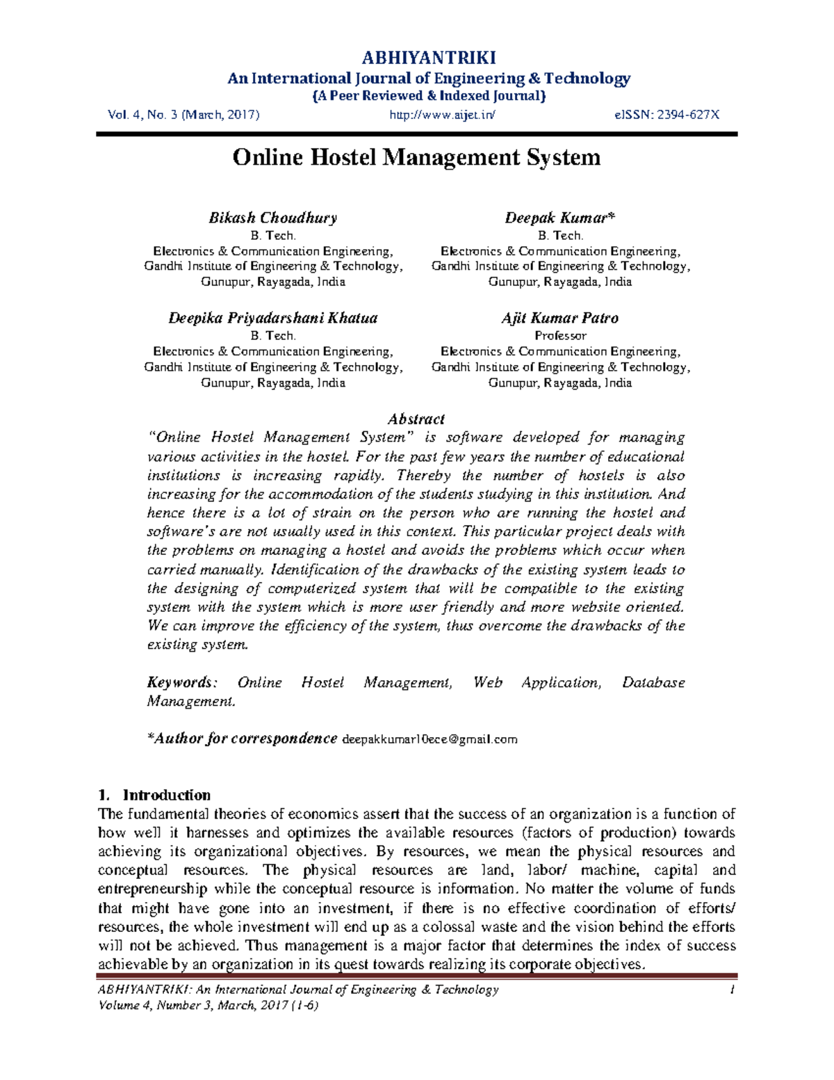 Online Hostel Management System - ABHIYANTRIKI: An International ...