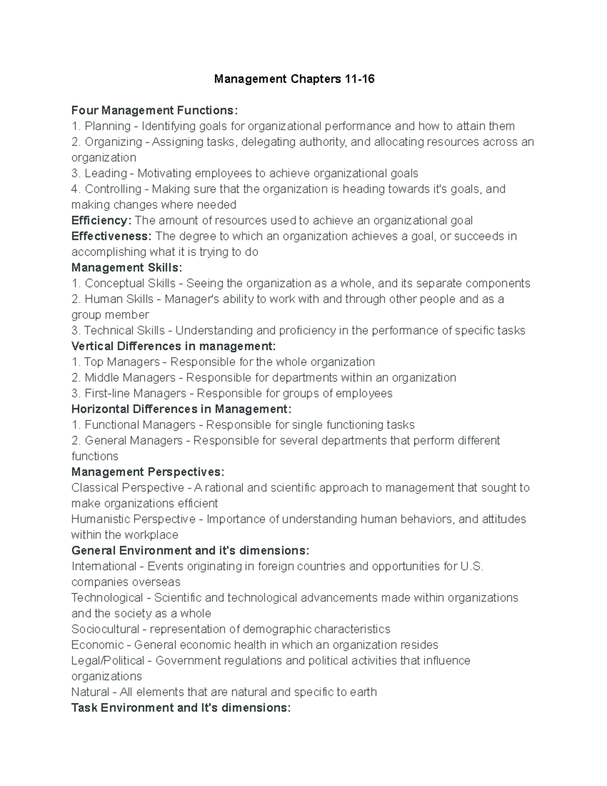 Managment lecture notes - Management Chapters Four Management Functions ...