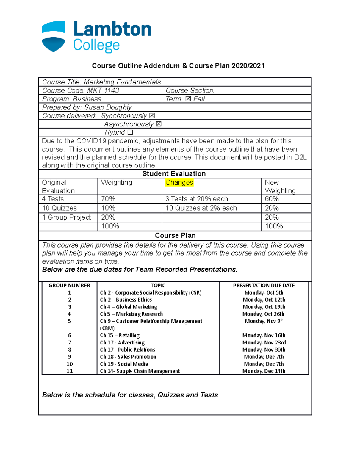 MKT 1143 W21 Course Plan Course Outline Addendum Course Plan 2020
