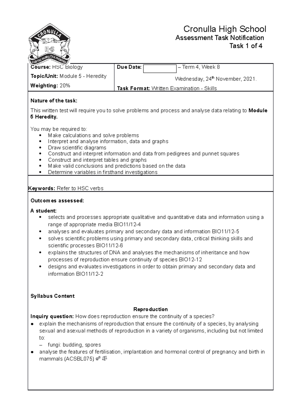 Bio notif - notes - Cronulla High School Assessment Task Notification ...