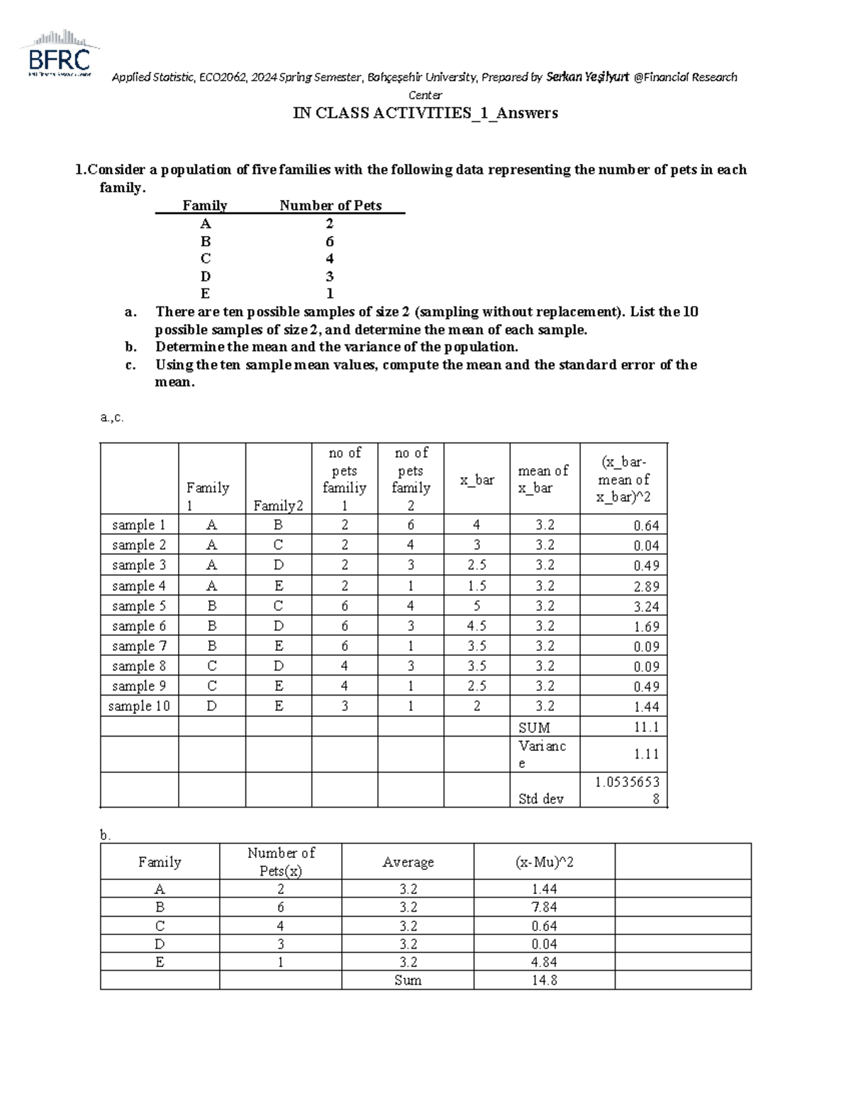 CH 6 In Class Activity Answer Sheet - ####### Center IN CLASS ...