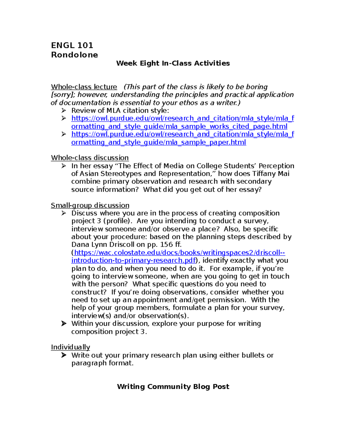 Week Eight In-Class Activities - ENGL 101 Rondolone Week Eight In-Class ...