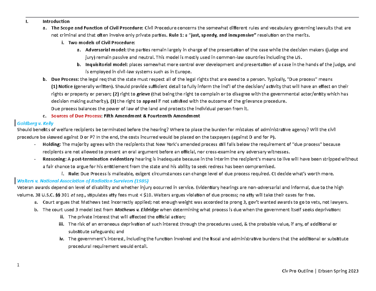 Civil Procedure Outline - I. Introduction a. The Scope and Function of ...