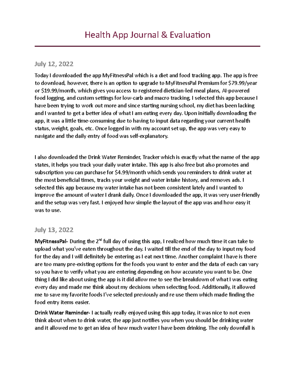 Health App Journal and Evaluation - Health App Journal & Evaluation ...