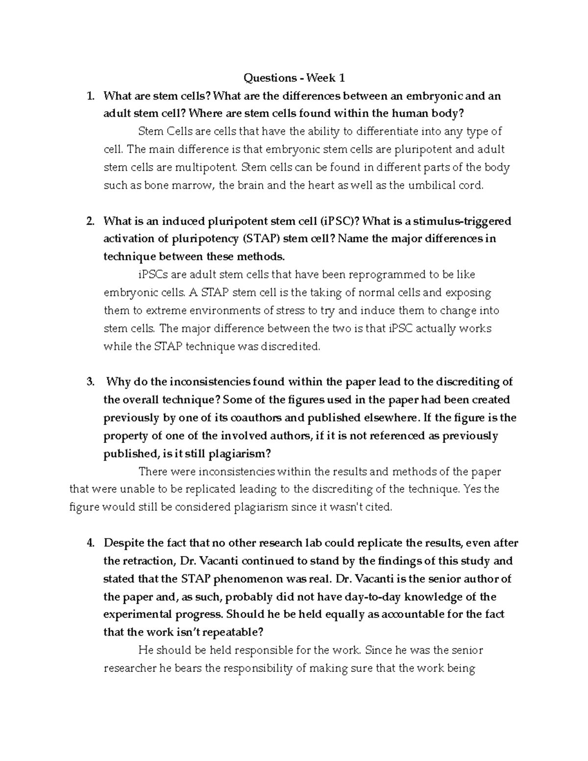 Case Study #3 - Part 1 - Questions - Week 1 What are stem cells? What are the differences ...
