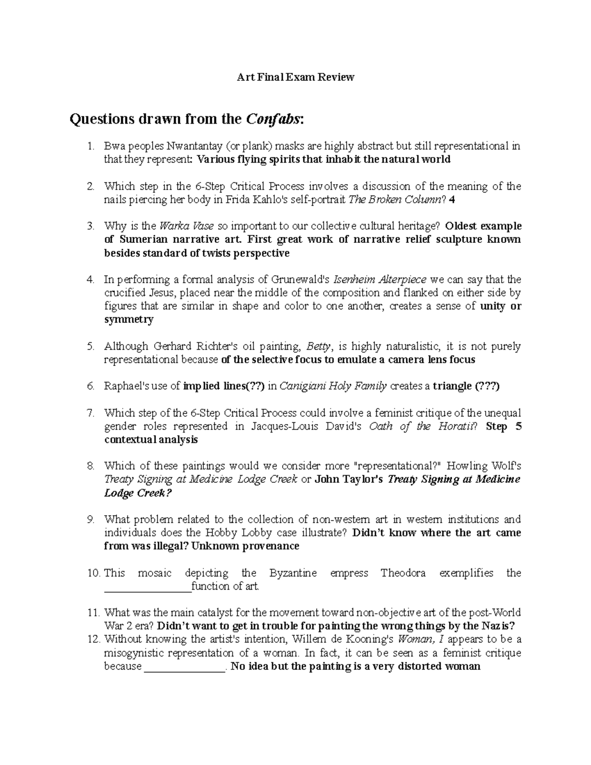 Art Final Exam Review - Art Final Exam Review Questions drawn from the ...