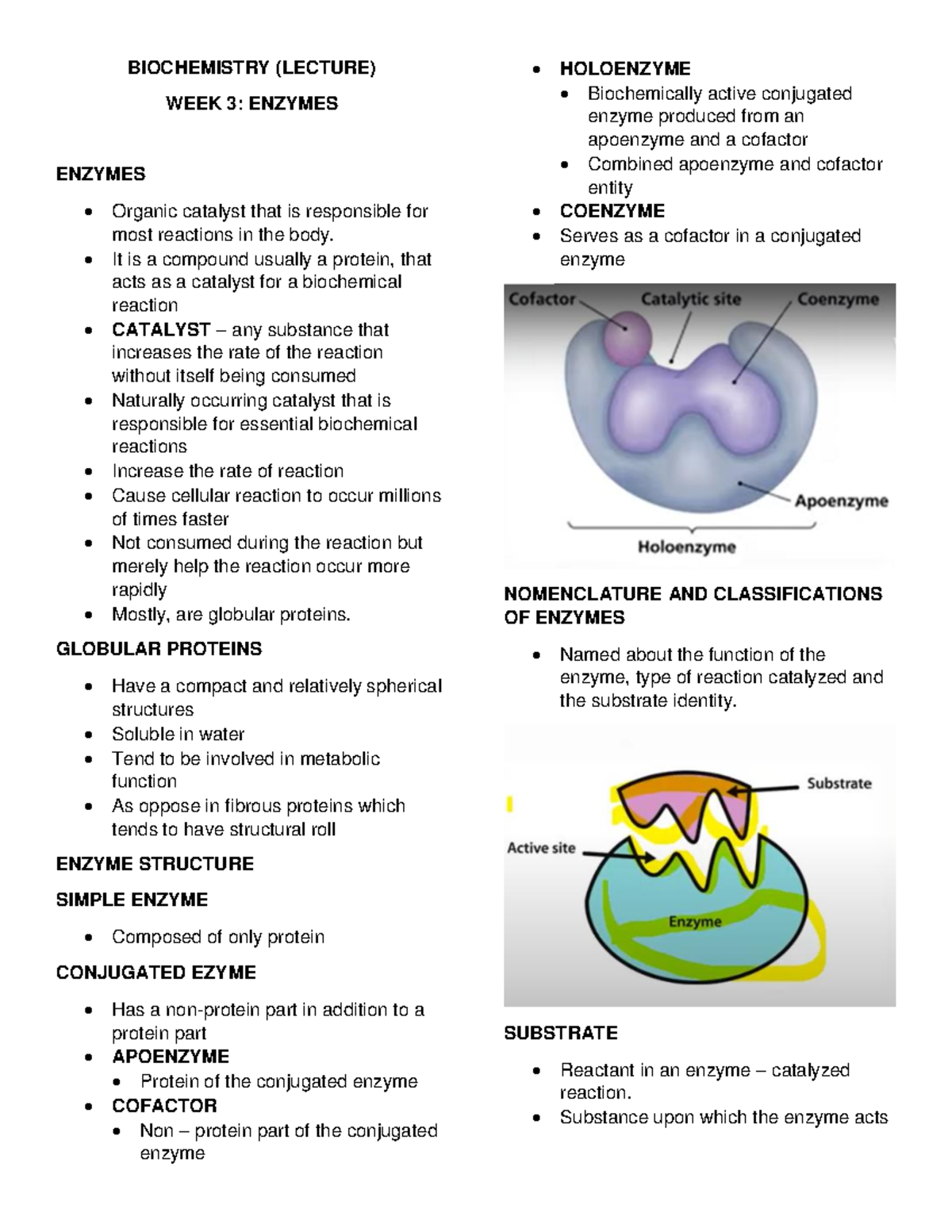 CHEM (LEC) Reviewer WEEK 3 ( Enzyme) - BIOCHEMISTRY (LECTURE) WEEK 3 ...