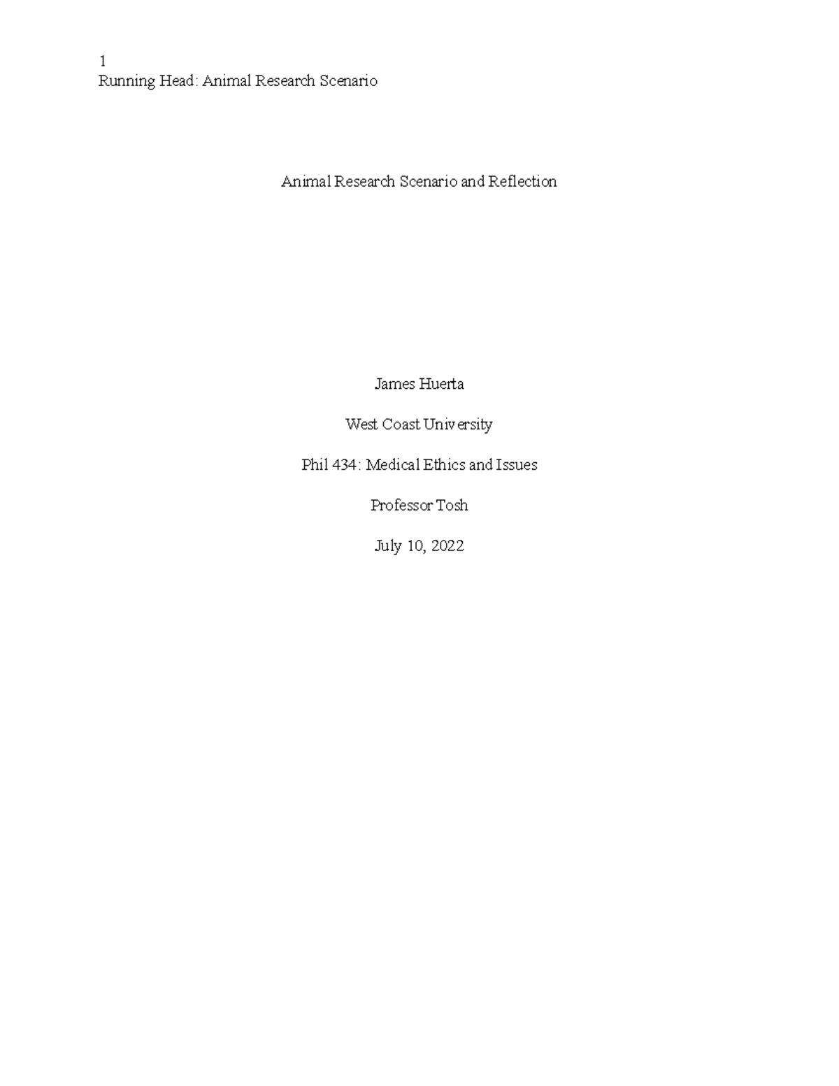 Animal Research Scenario and Reflection - Running Head: Animal Research ...