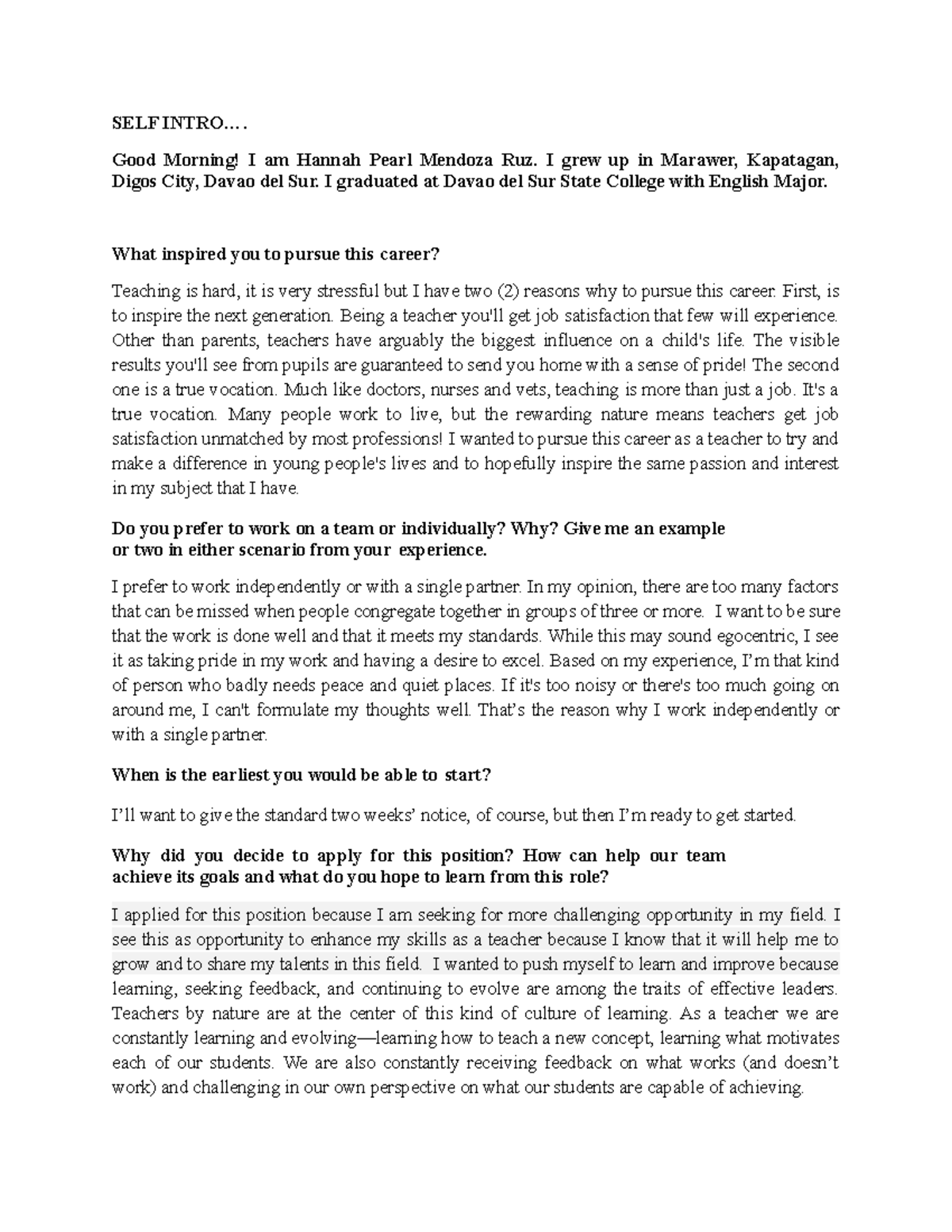 Script for a Job Interview - SELF INTRO.... Good Morning! I am Hannah ...