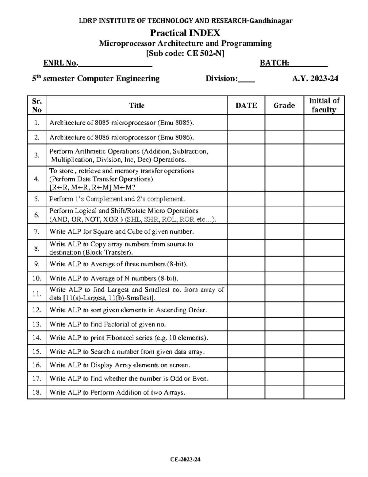 Microprocessor Programming - LDRP INSTITUTE OF TECHNOLOGY AND RESEARCH-Gandhinagar CE- 2023 - 24 ...