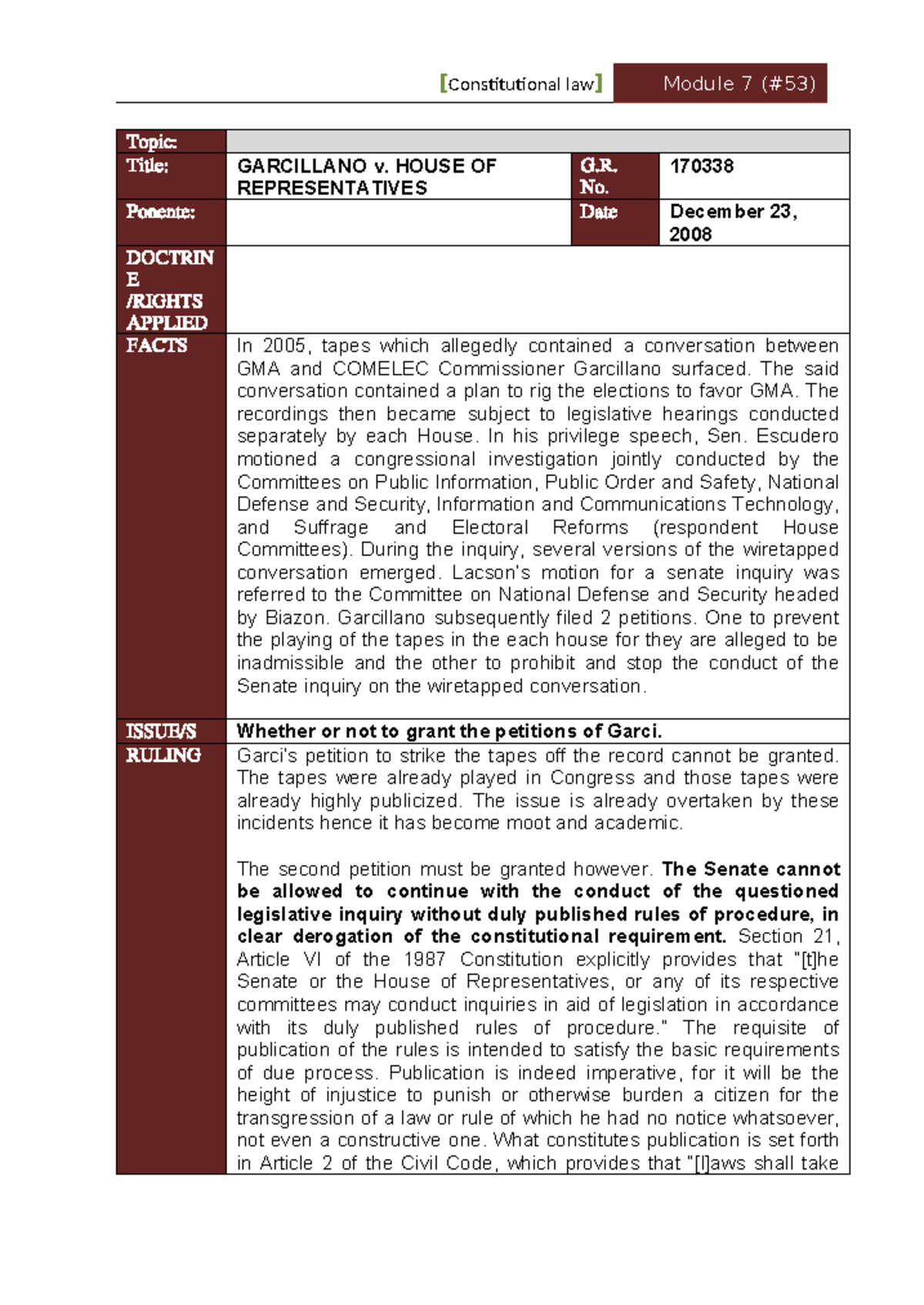 53. Garcillano v. House OF Representatives - [Constitutional law ...