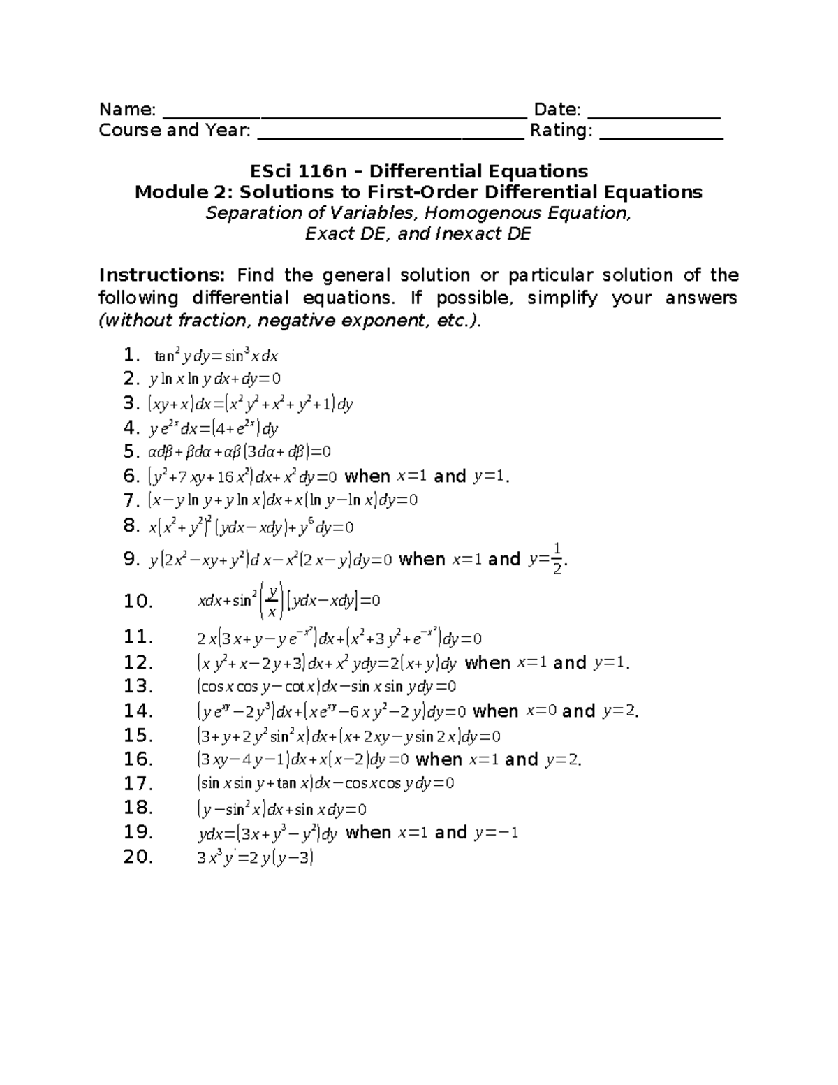 Differential Equations (Problems) - Name ...