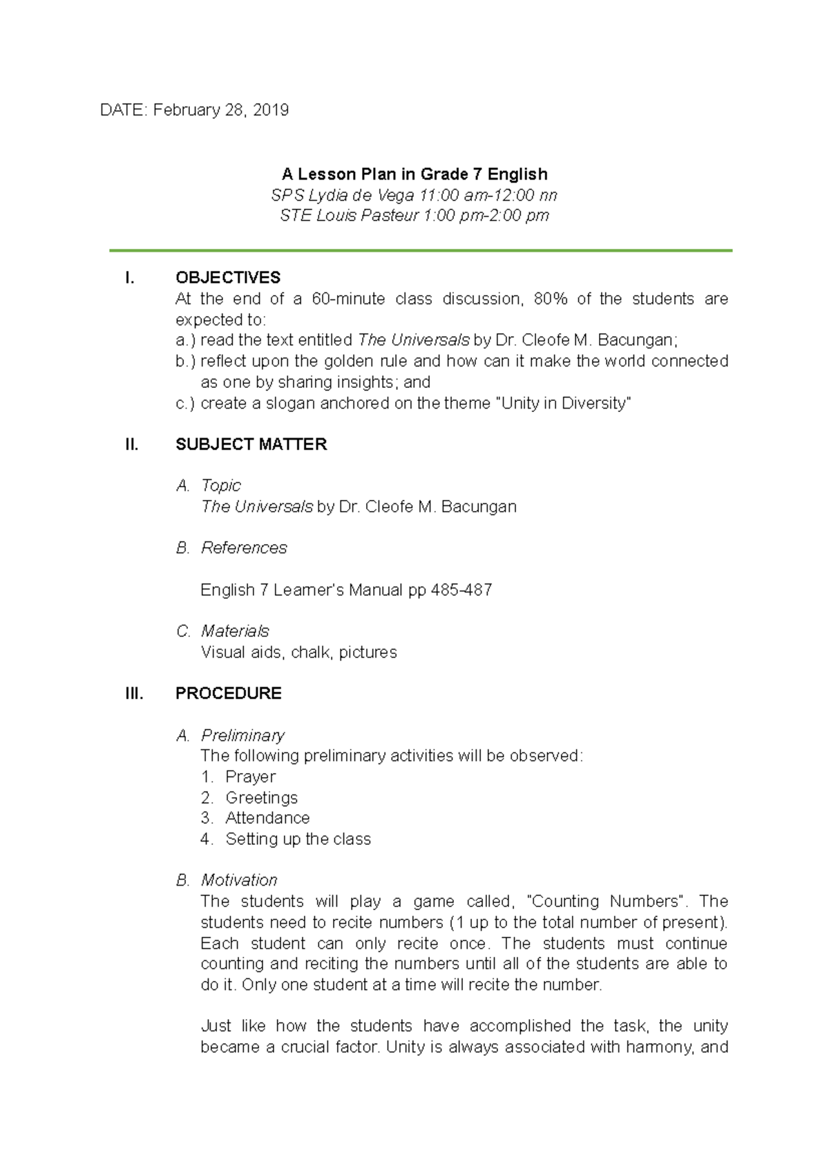 02-28-2019 The Universals - DATE: February 28, 2019 A Lesson Plan in ...