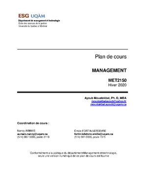 MGT2150- plan de cours - Plan de cours MANAGEMENT MGT AUTOMNE 2022 Ce ...