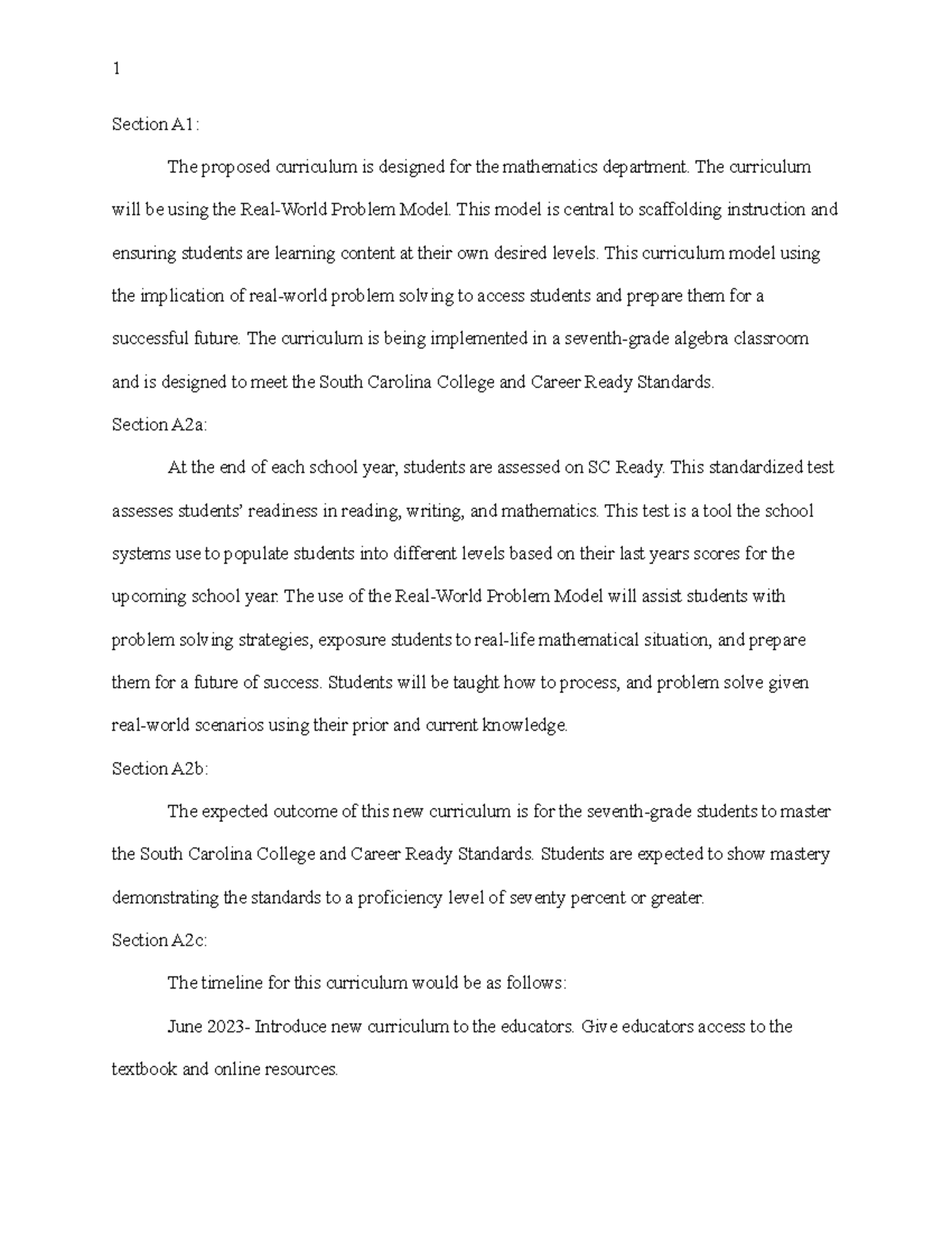 D185 Task 4 - D185 Task 4 - Section A1: The proposed curriculum is designed for the mathematics ...