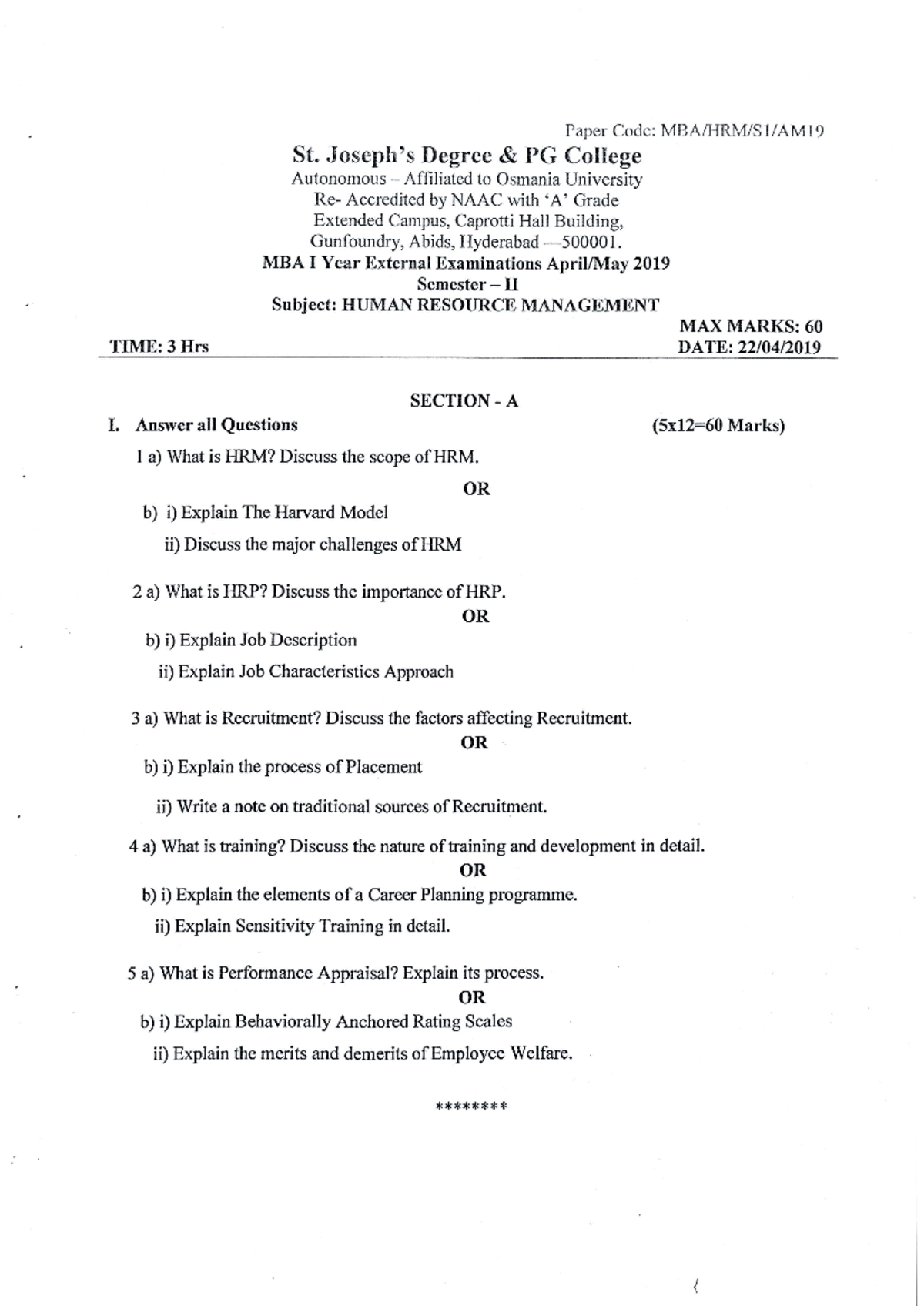 2019 SEM II 1 - previous year question paper - Paper Codc: MBA/l-lRivI ...