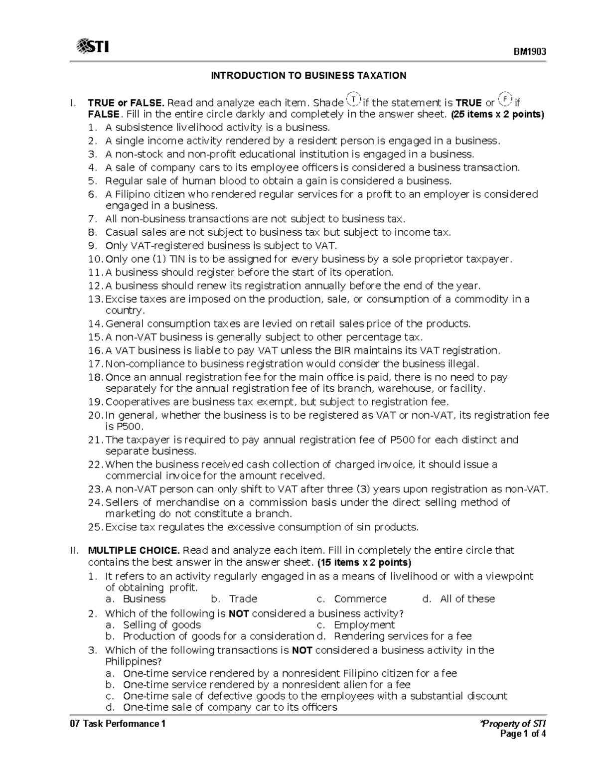 Tax task performance - 07 Task Performance 1 *Property of STI INTRODUCTION TO BUSINESS TAXATION ...