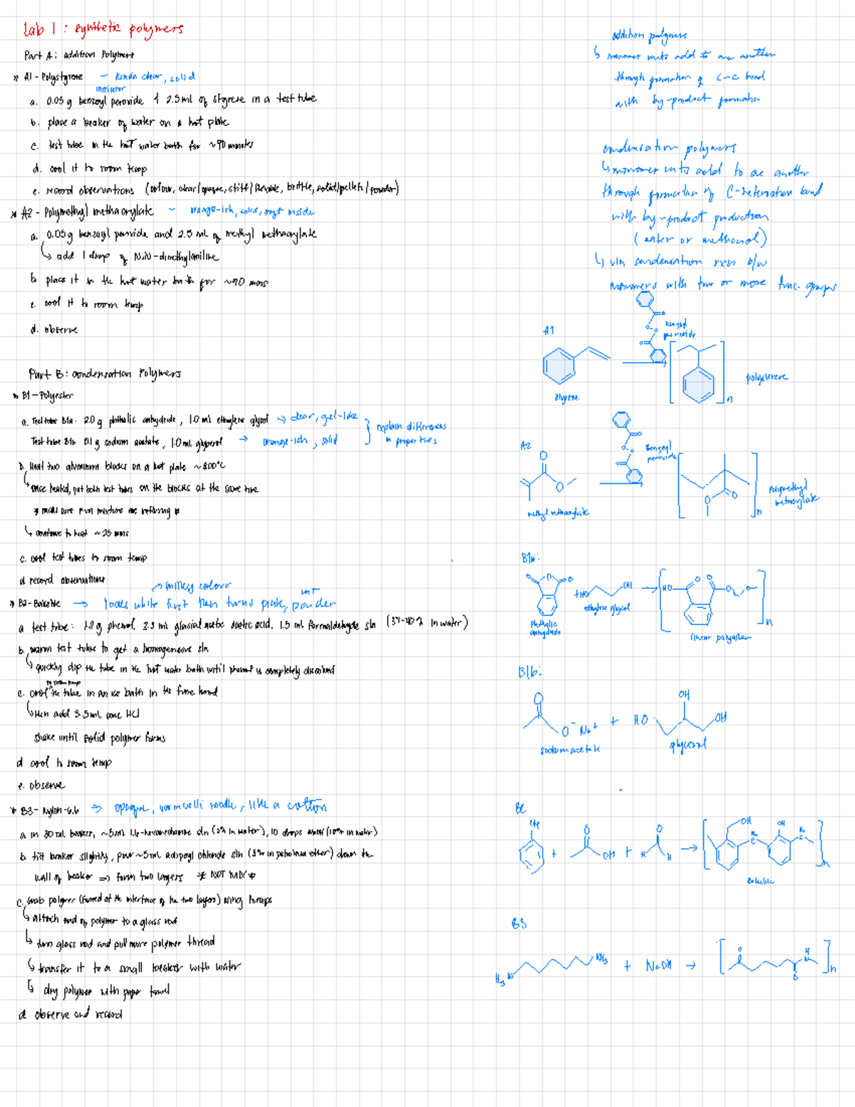 CHEM2OA3 Lab Notes 2 - lab flowchart - Lab 1 : synthetic polymers ...