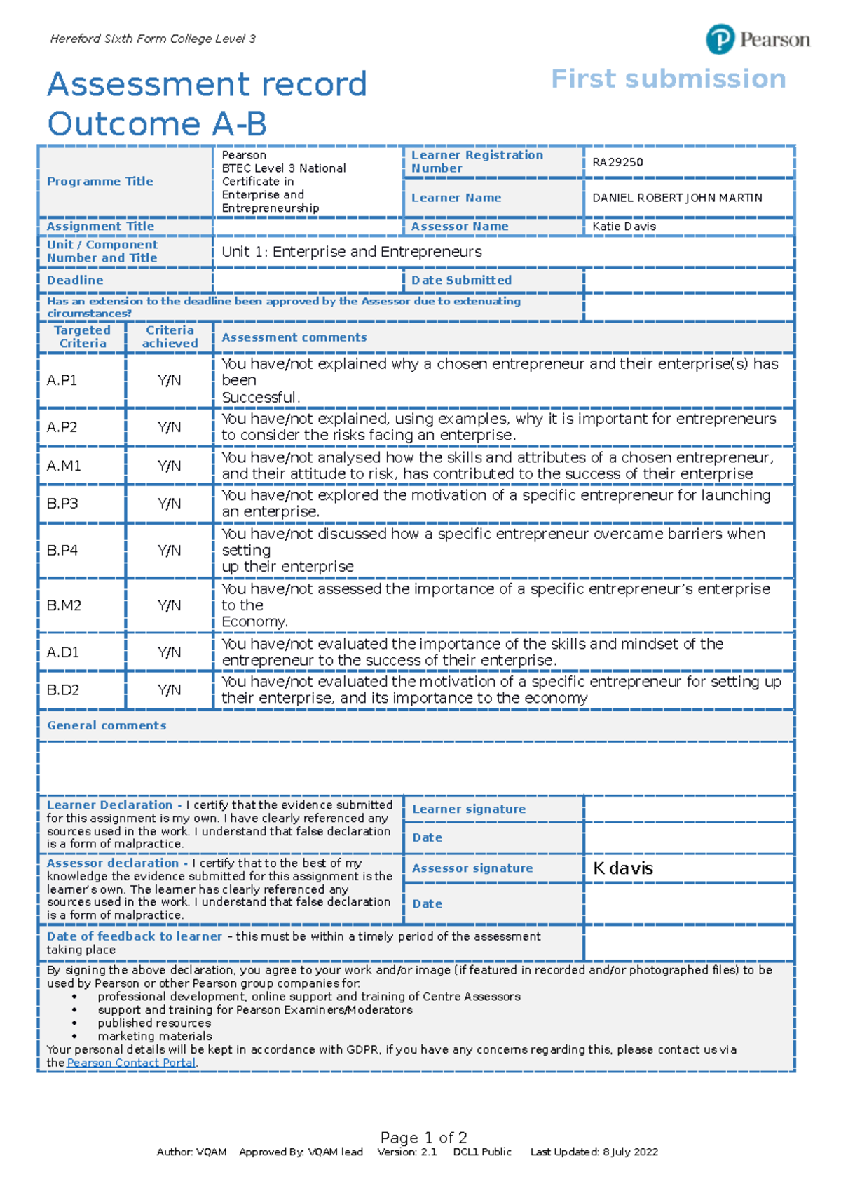 Learning outcome A B unit 1 Daniel - Hereford Sixth Form College Level ...