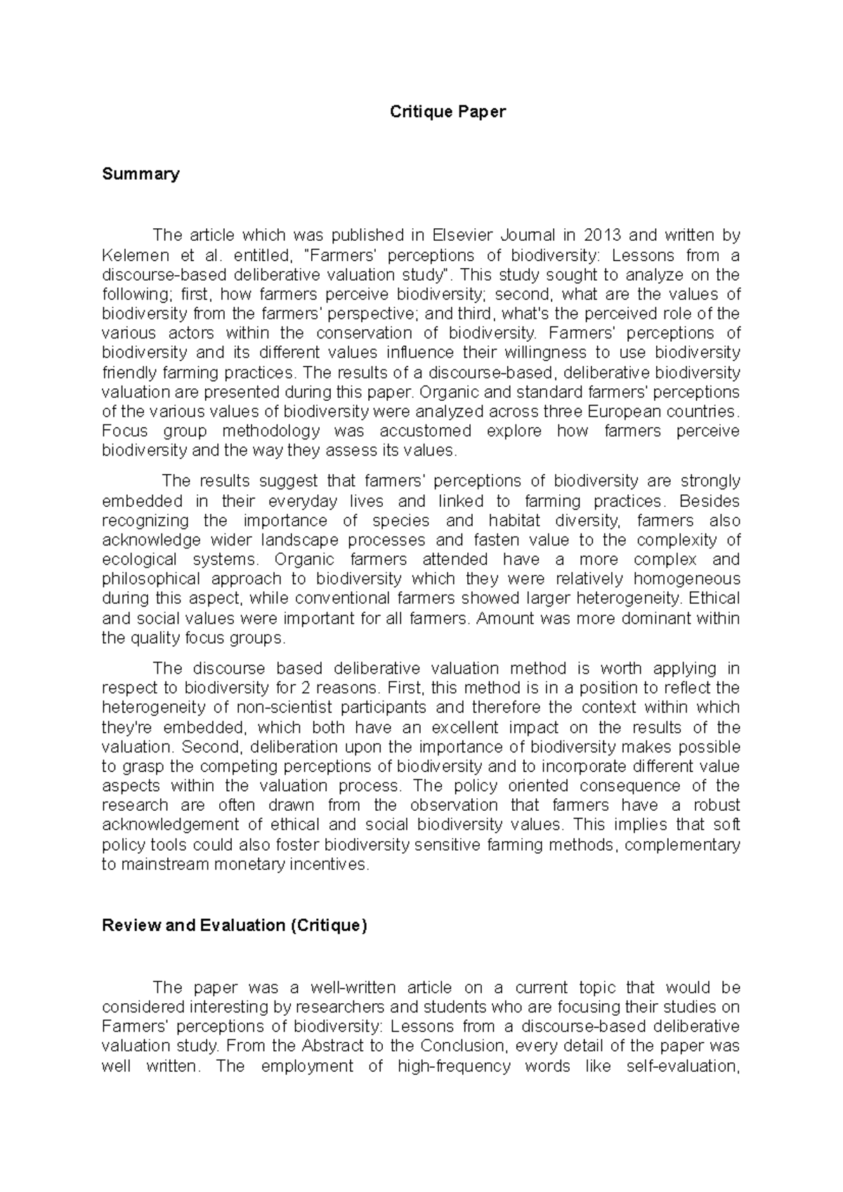 Critique Paper farmers - Environmental Science - La Salle - Dasma - Studocu