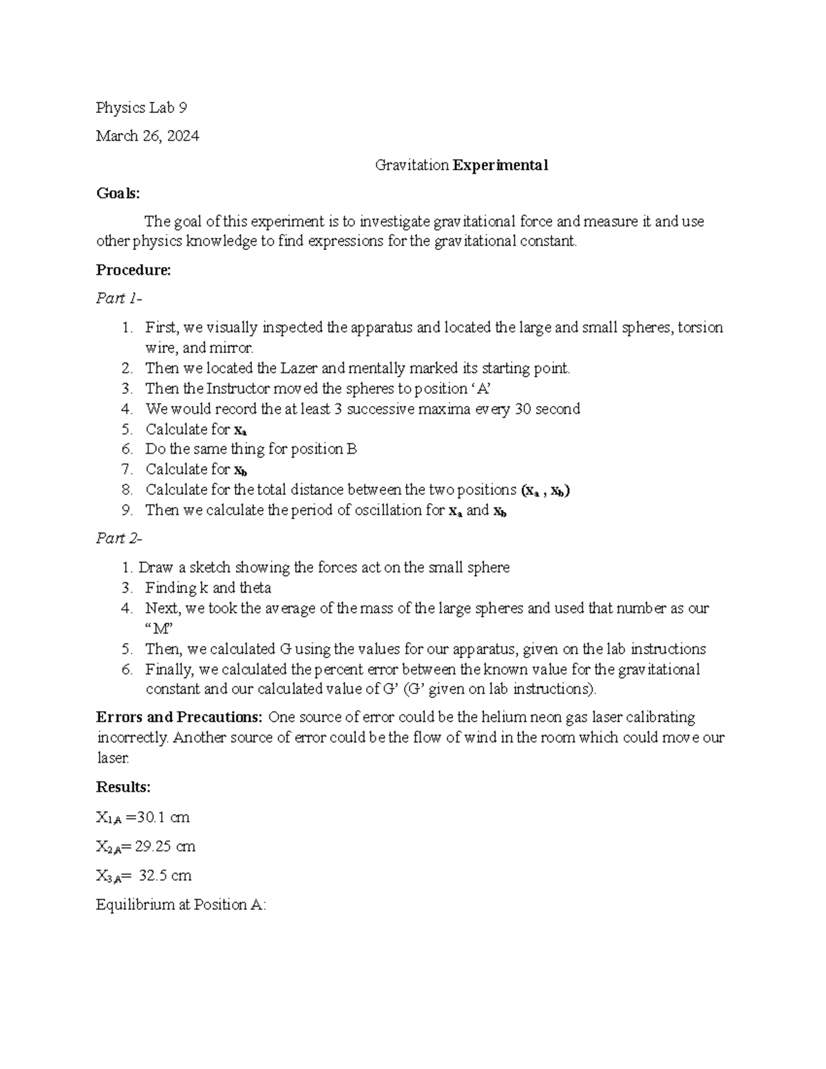 Lab 9 - Gravitation - Physics Lab 9 March 26, 2024 Gravitation ...