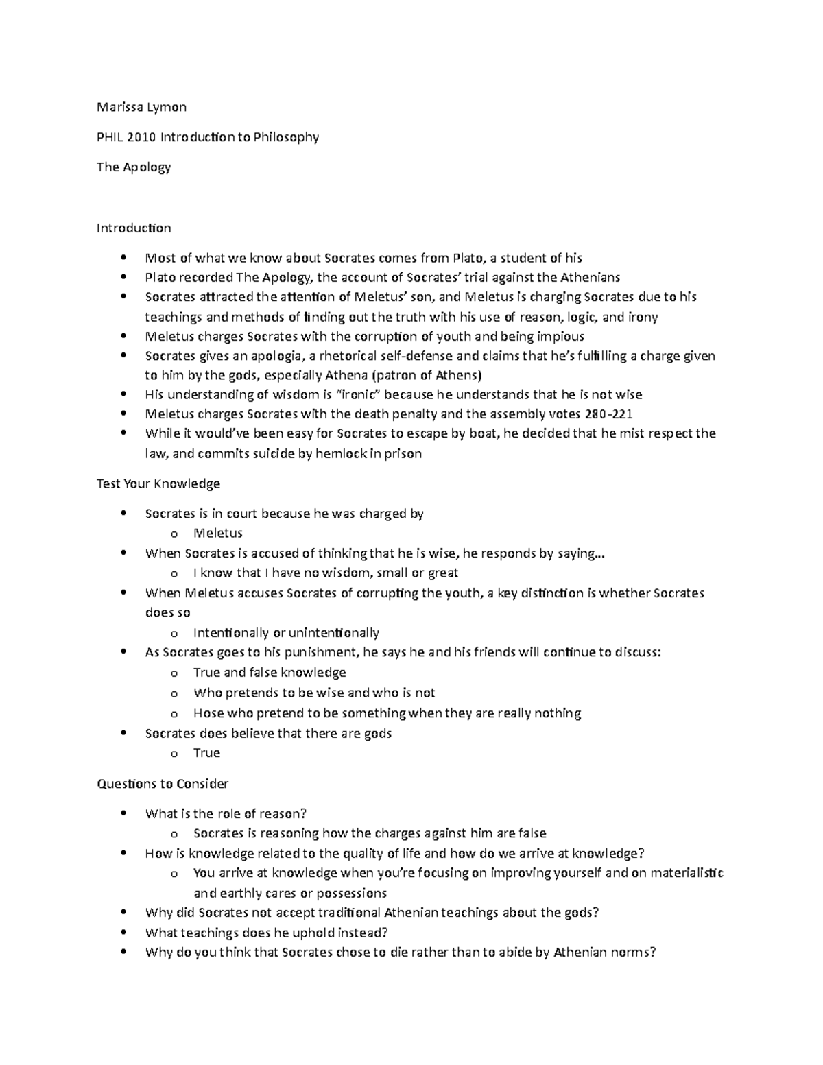 The Apology - .. o I know that I have no wisdom, small or great When ...