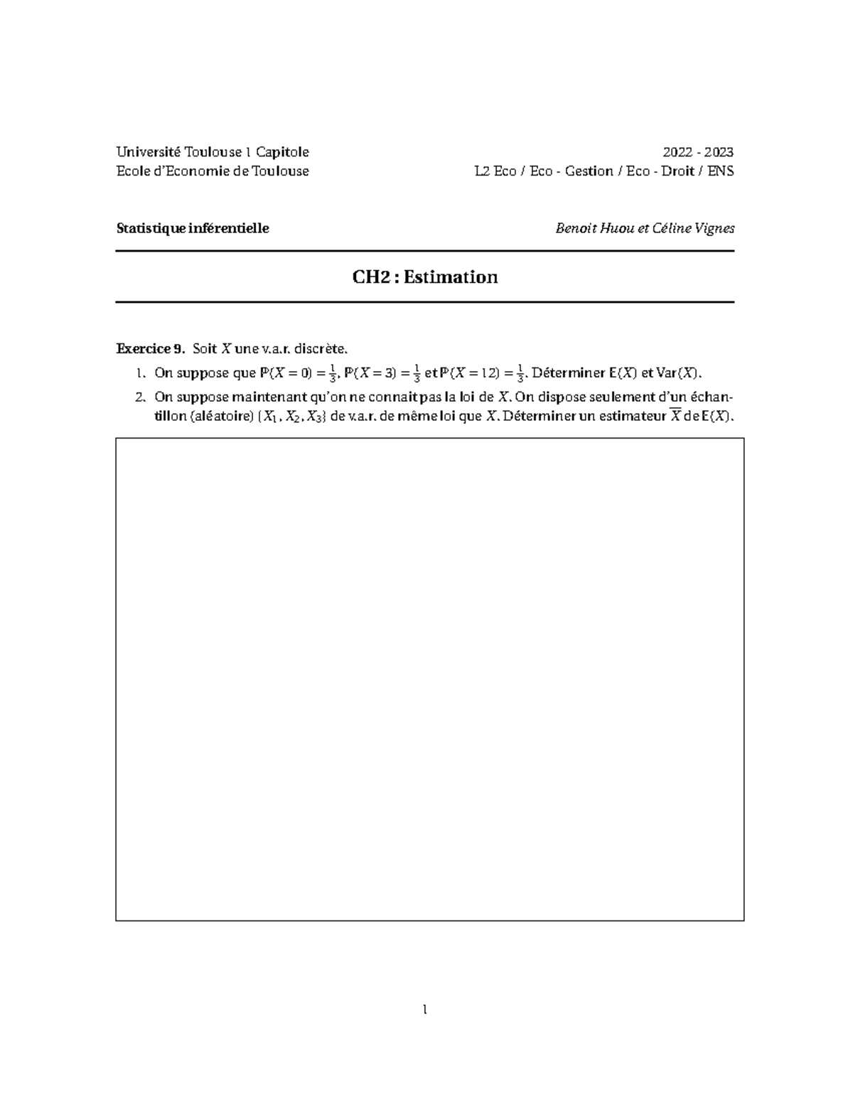 Exercices CH2 - stat inf - Université Toulouse 1 Capitole 2022 - 2023 Ecole d’Economie de ...