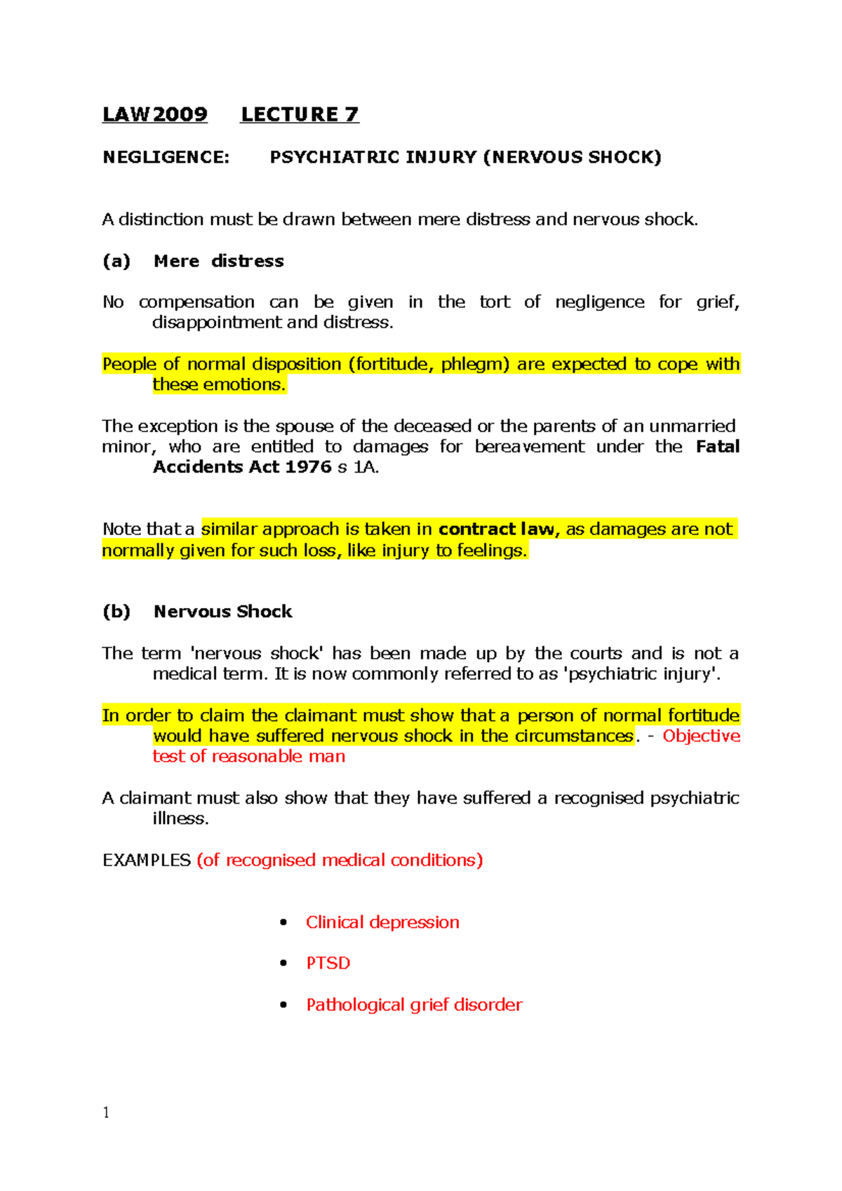 Nervous shock SV - LAW2009 LECTURE 7 NEGLIGENCE: PSYCHIATRIC INJURY ...