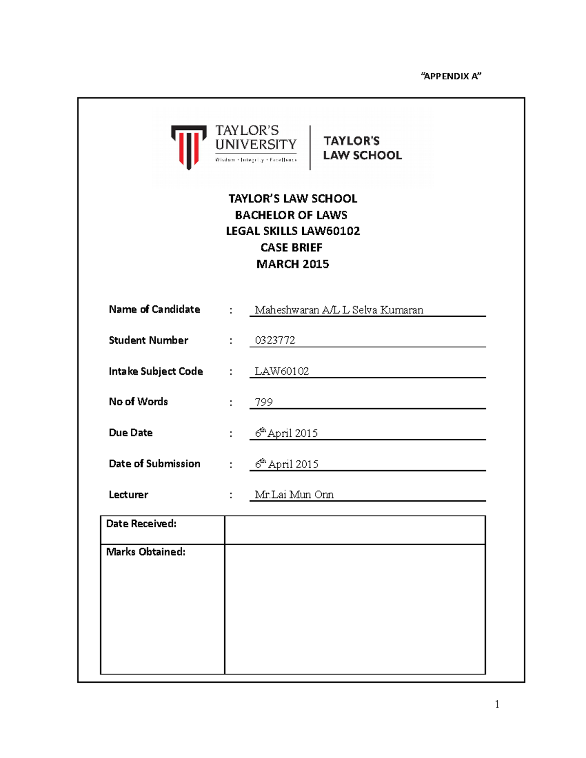 Final case brief edited 1 - “APPENDIX A” TAYLOR’S LAW SCHOOL BACHELOR ...