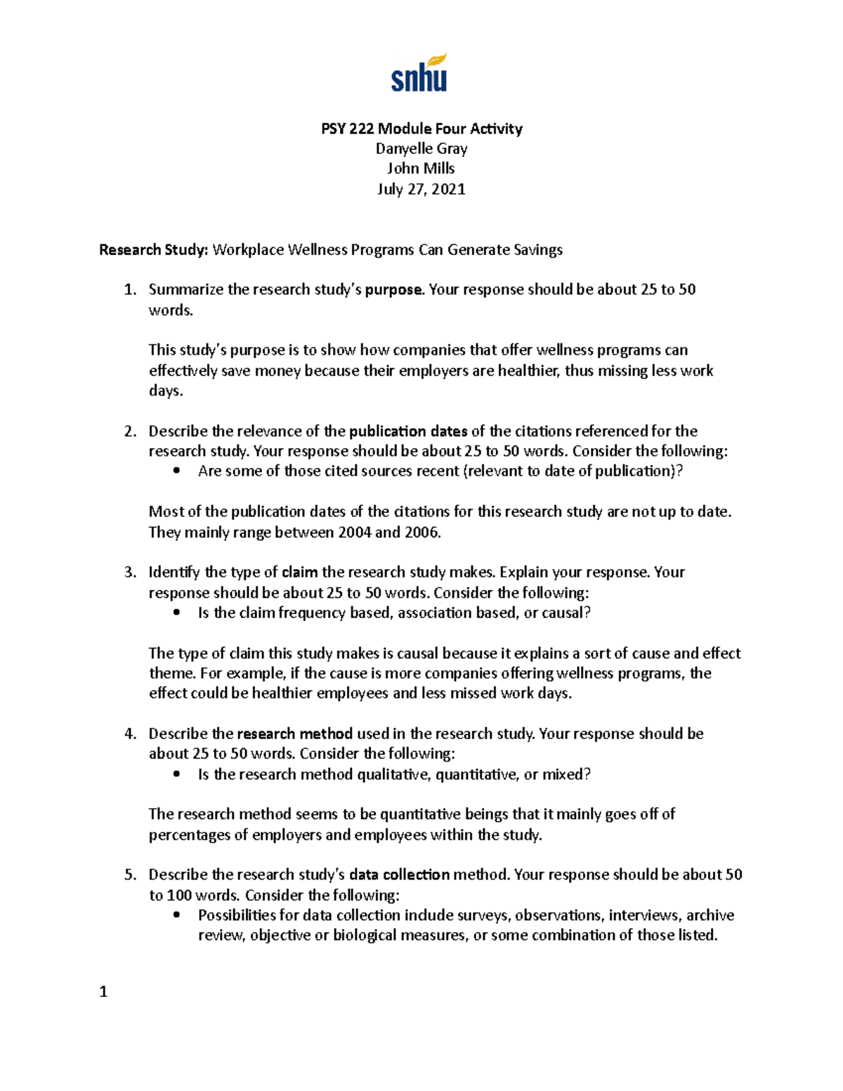 PSY222 Module Four Activity - PSY 222 Module Four Activity Danyelle ...